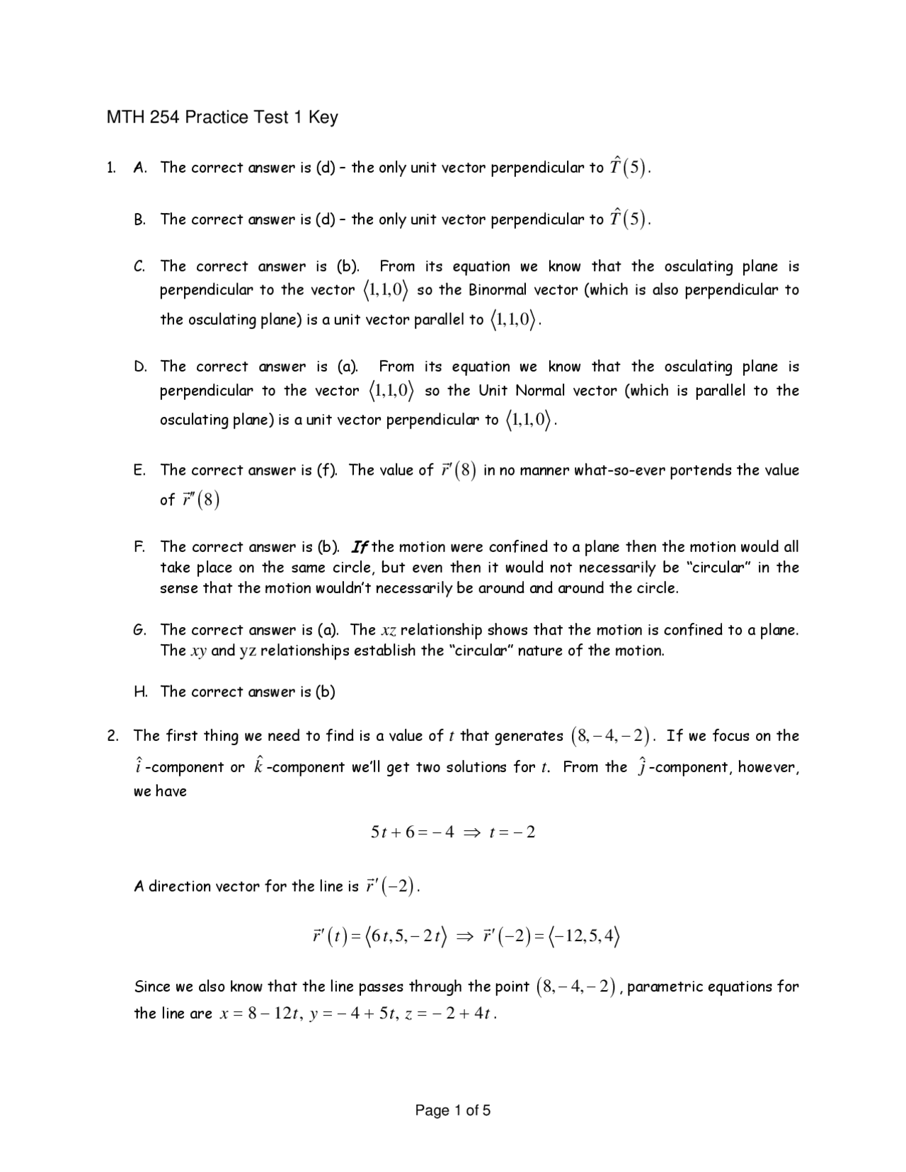 Practice Test 1 Key For Vector Calculus I Mth 254 Docsity