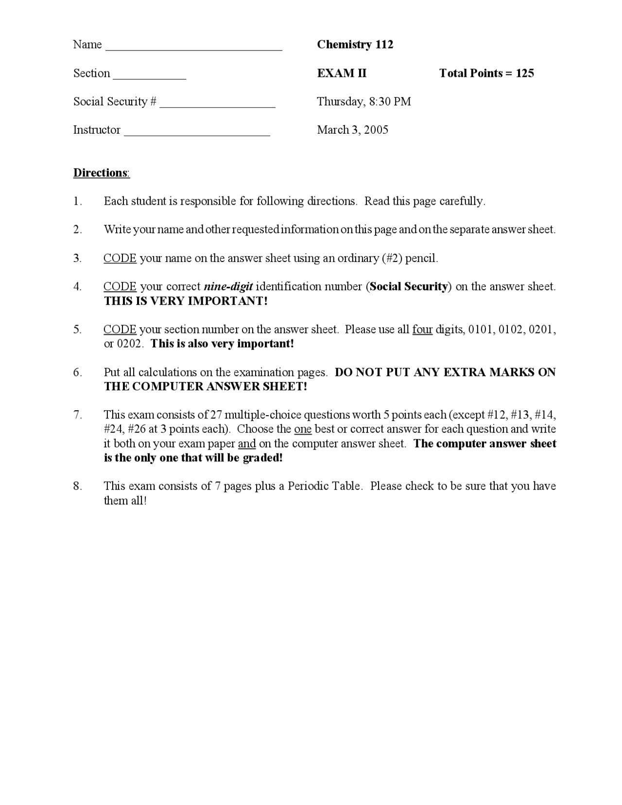27 Mcqs And Periodic Table Of Elements Exam Chem C1260 Docsity