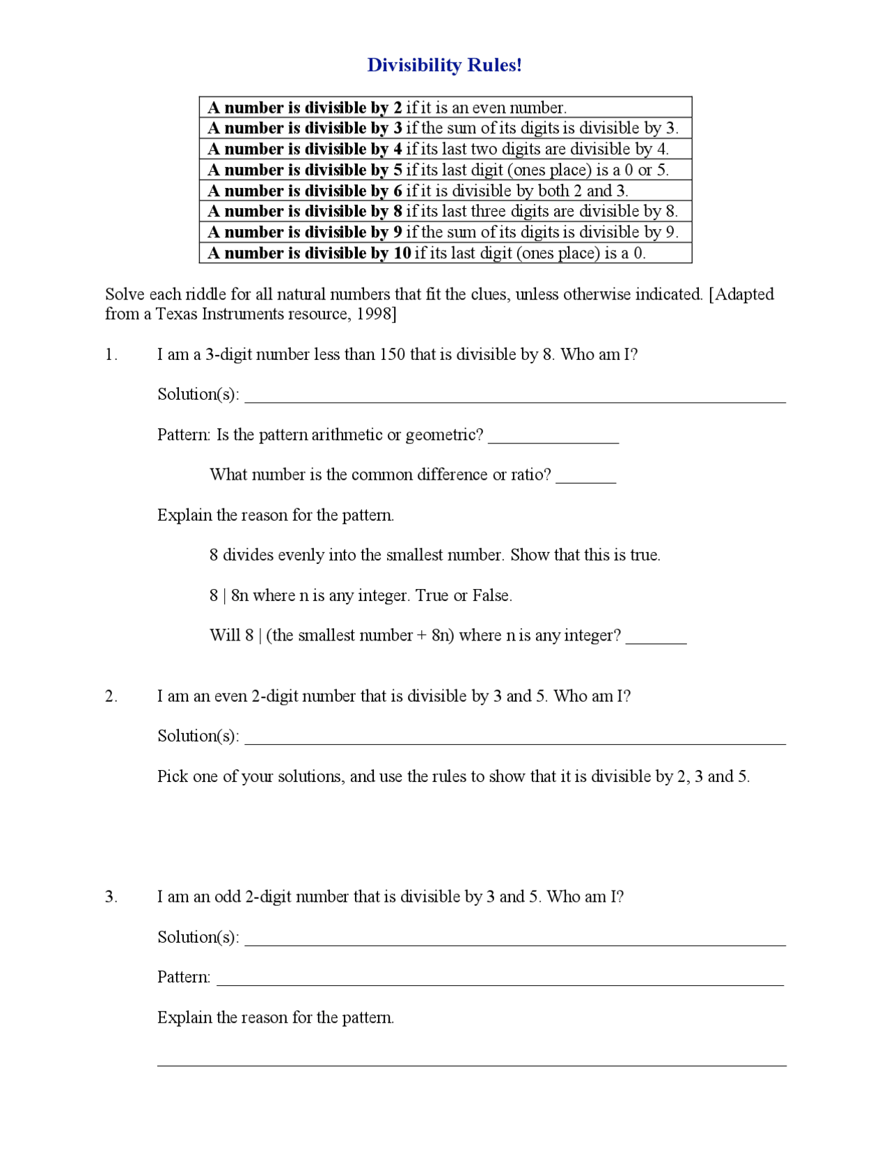 Divisibility Rules Foundations Numbers And Operation Math 2008