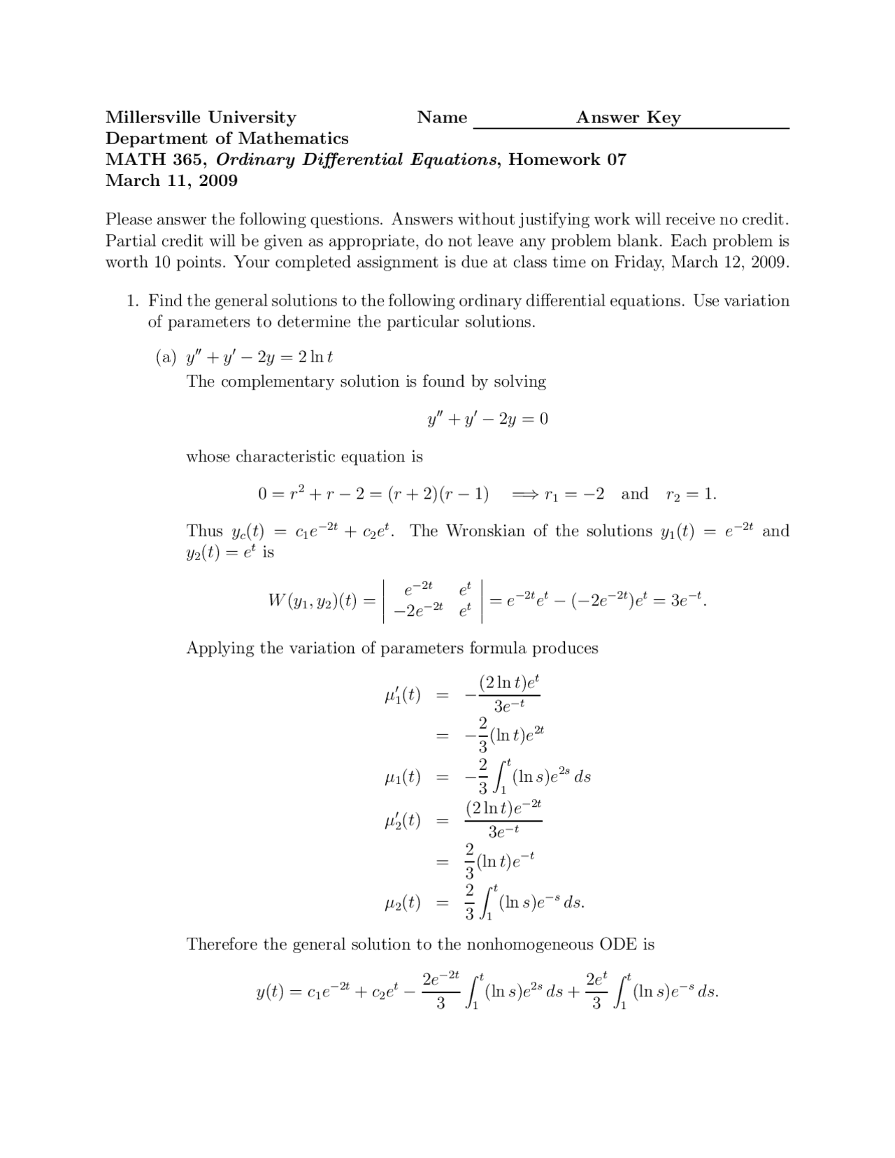 Homework 7 Answers Ordinary Differential Equation Math 365 Docsity
