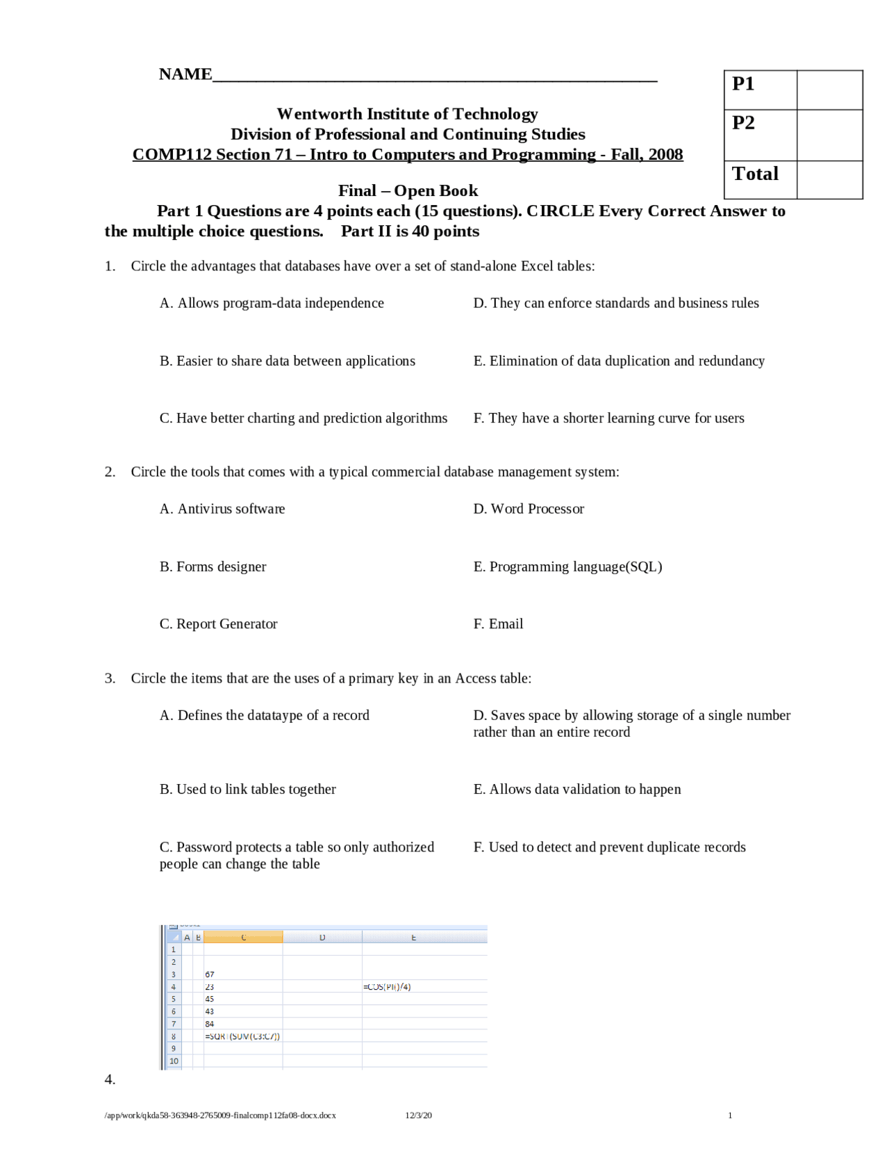 15 Mcqs For Final Exam Introduction To Computers And Programming Comp 112 Exams Computer