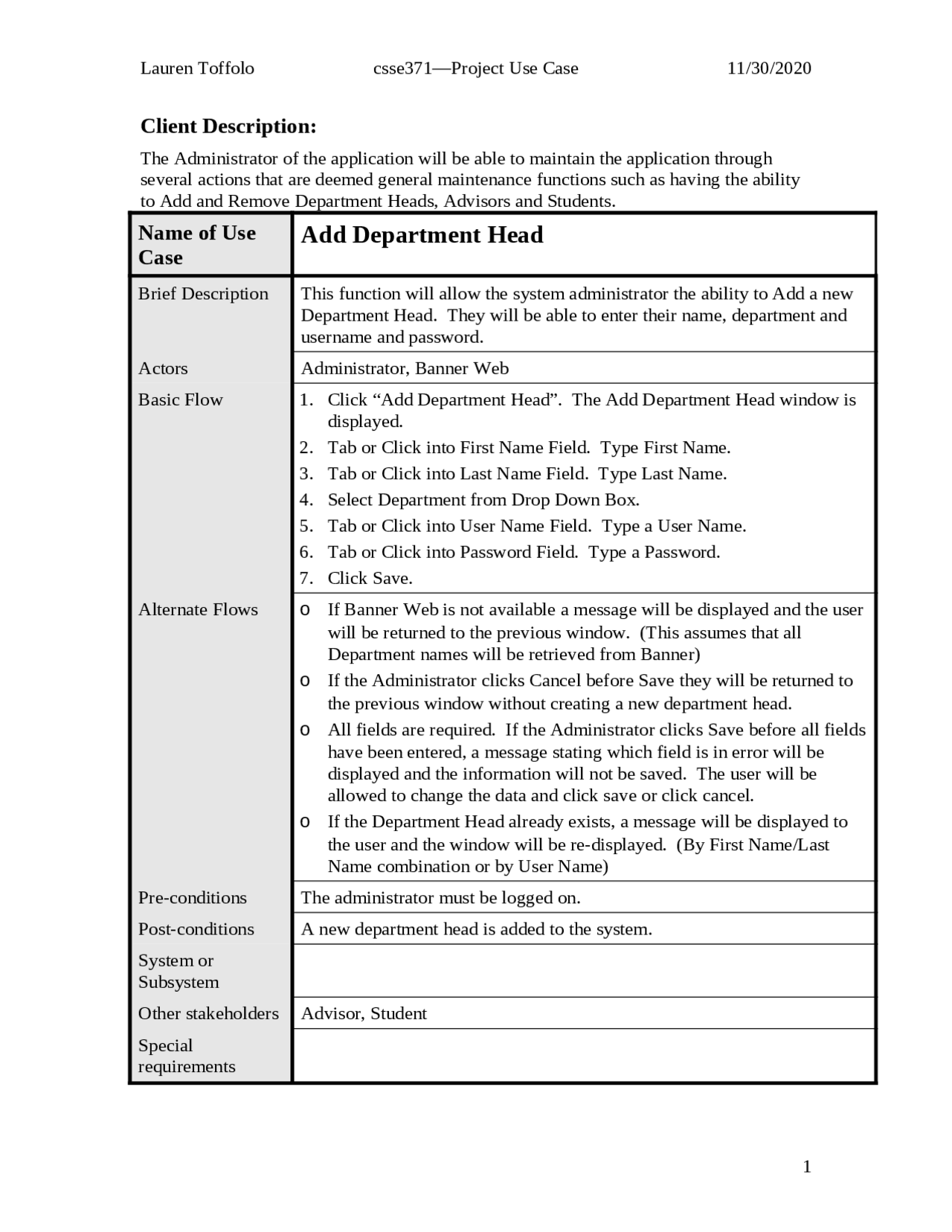 Client Description Software Requirements And Specification Csse 371