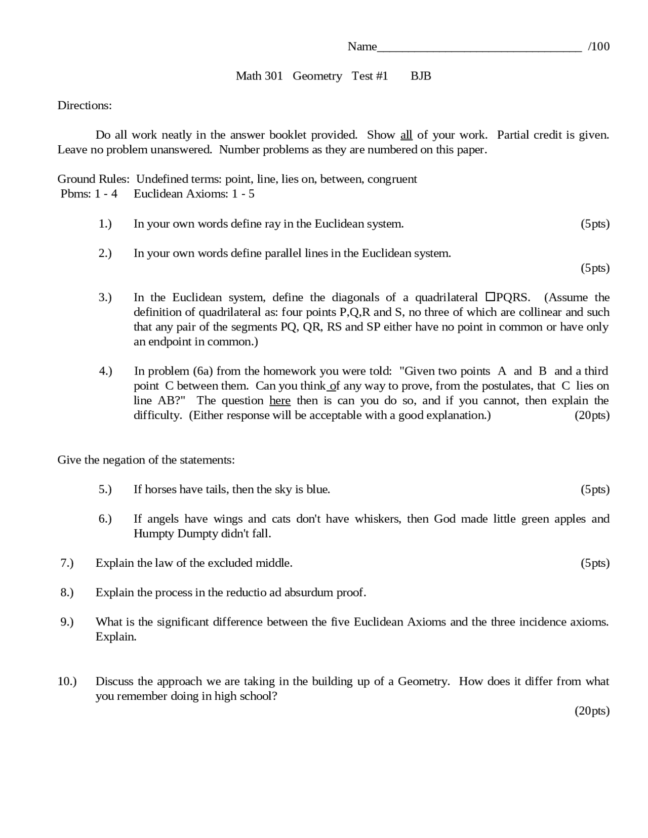 Test 1 for History of Mathematics - Geometry | MATH 301 | Exams ...