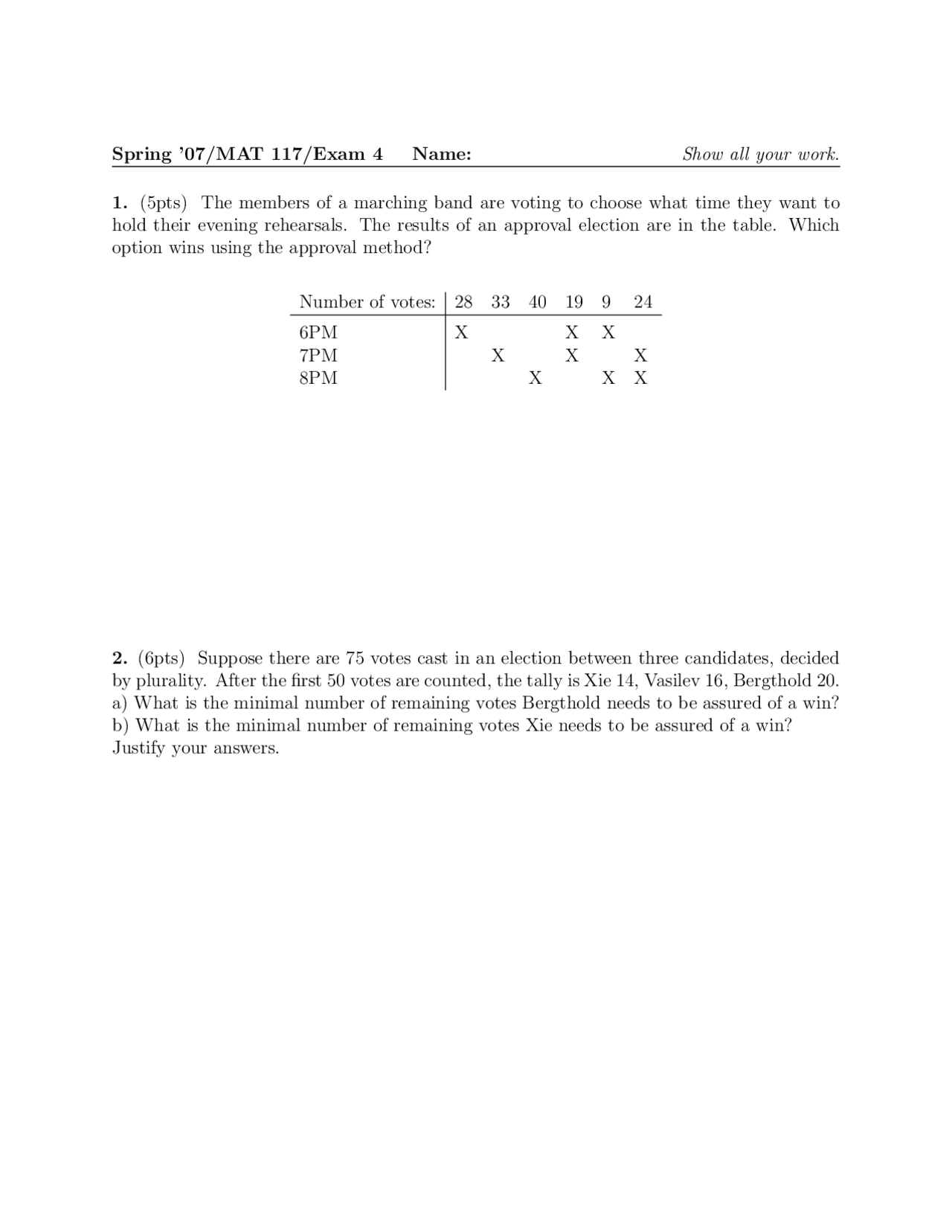 6 Problems On Mathematical Concepts Exam 4 Mat 117 Docsity