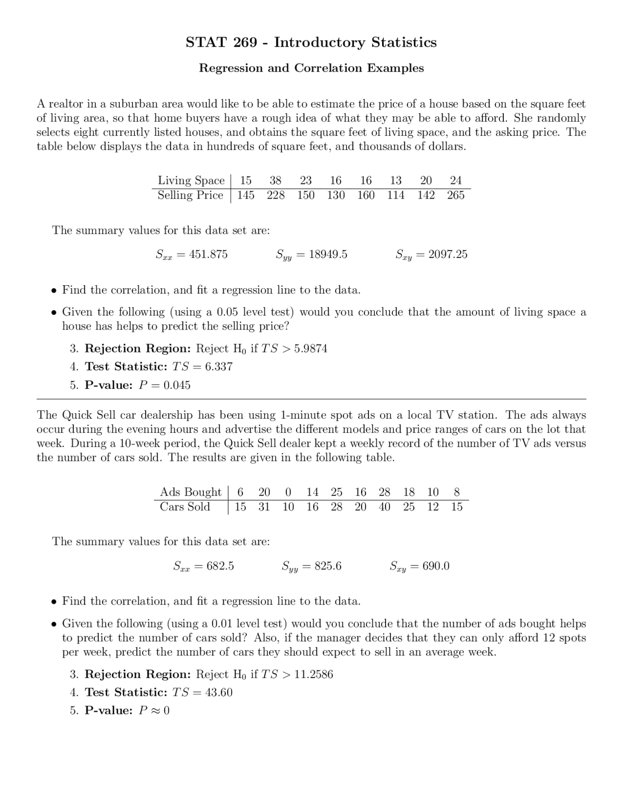 Regression And Correlation Examples Lecture Notes Stat 269 Docsity