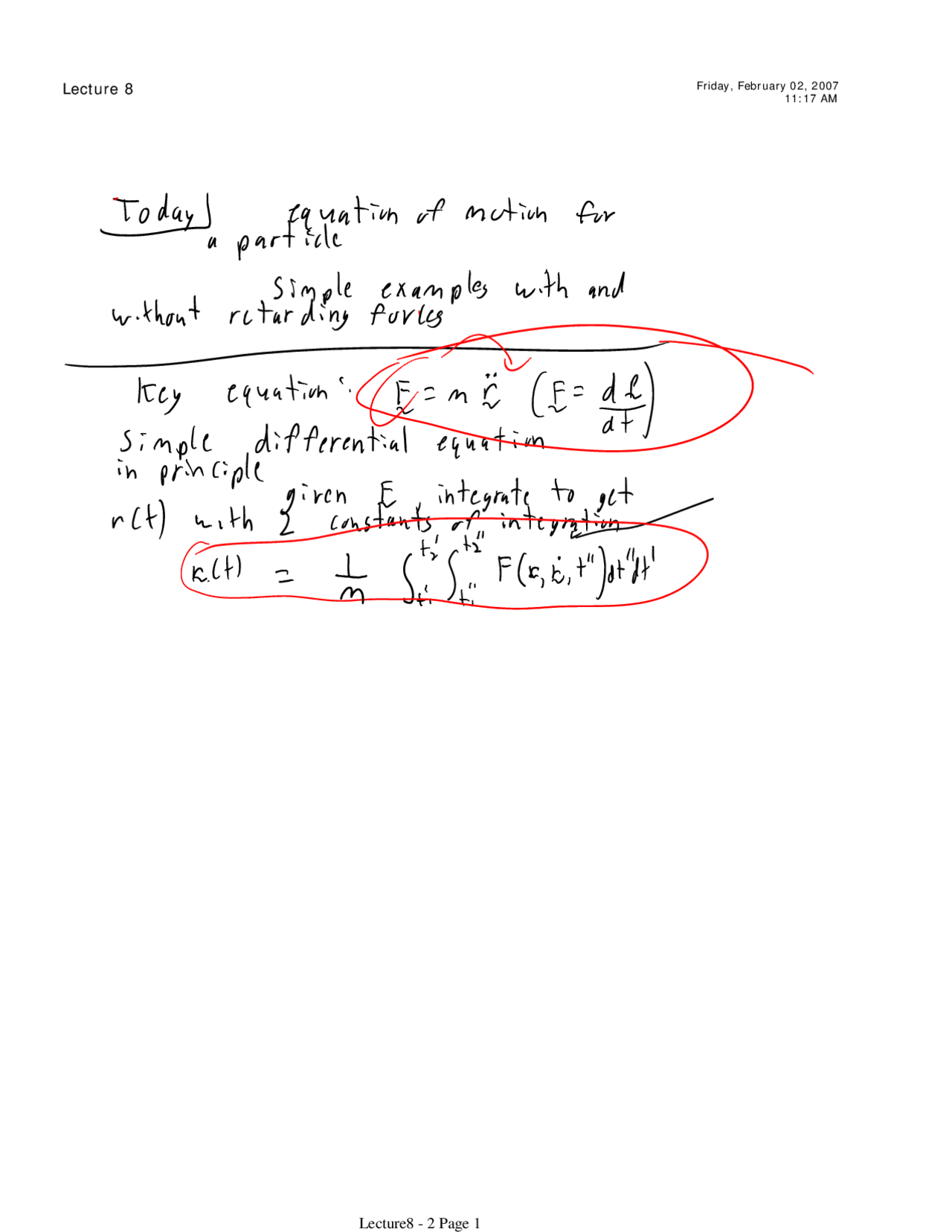 Handwritten Notes On Equation Of Motion For A Particle Phy 262 Docsity