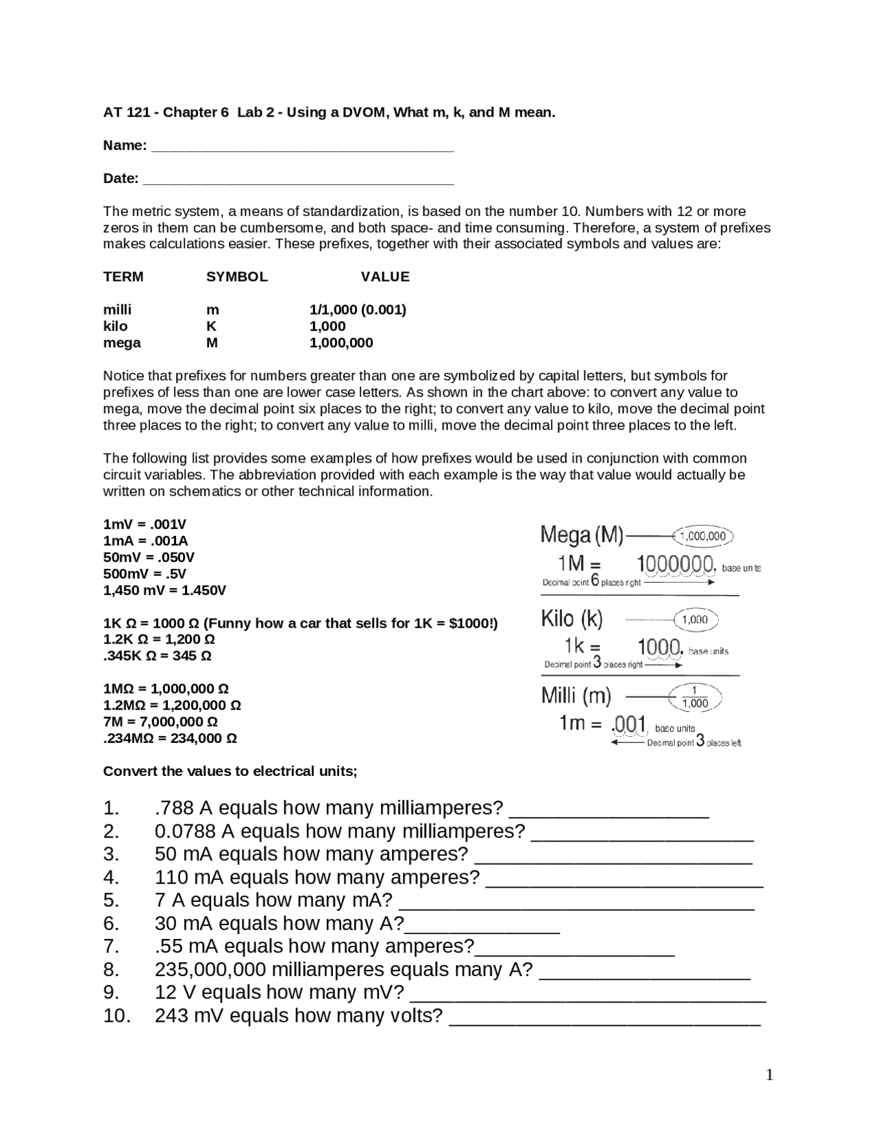 Using DVOM, What m, k and M Mean? 21 Questions - Lab | AT 121 - Docsity