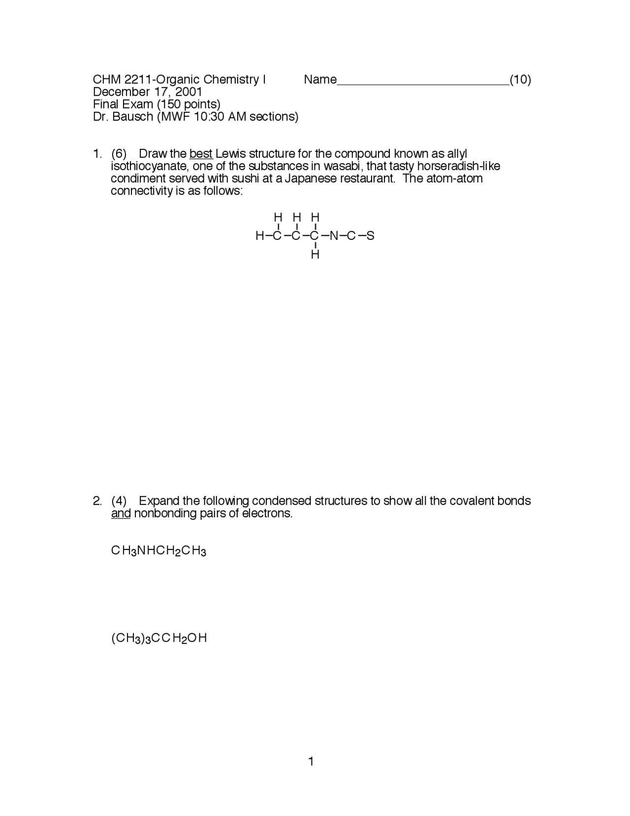 Take Home Final Examination - Organic Chemistry I | CHM 2211 - Docsity