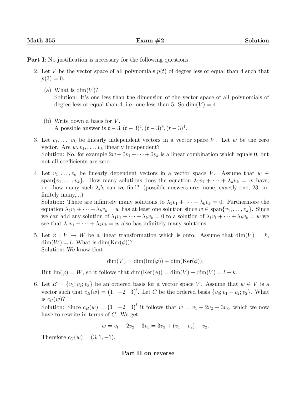 Exam 2 with Solutions - Linear Algebra | MATH 355 - Docsity