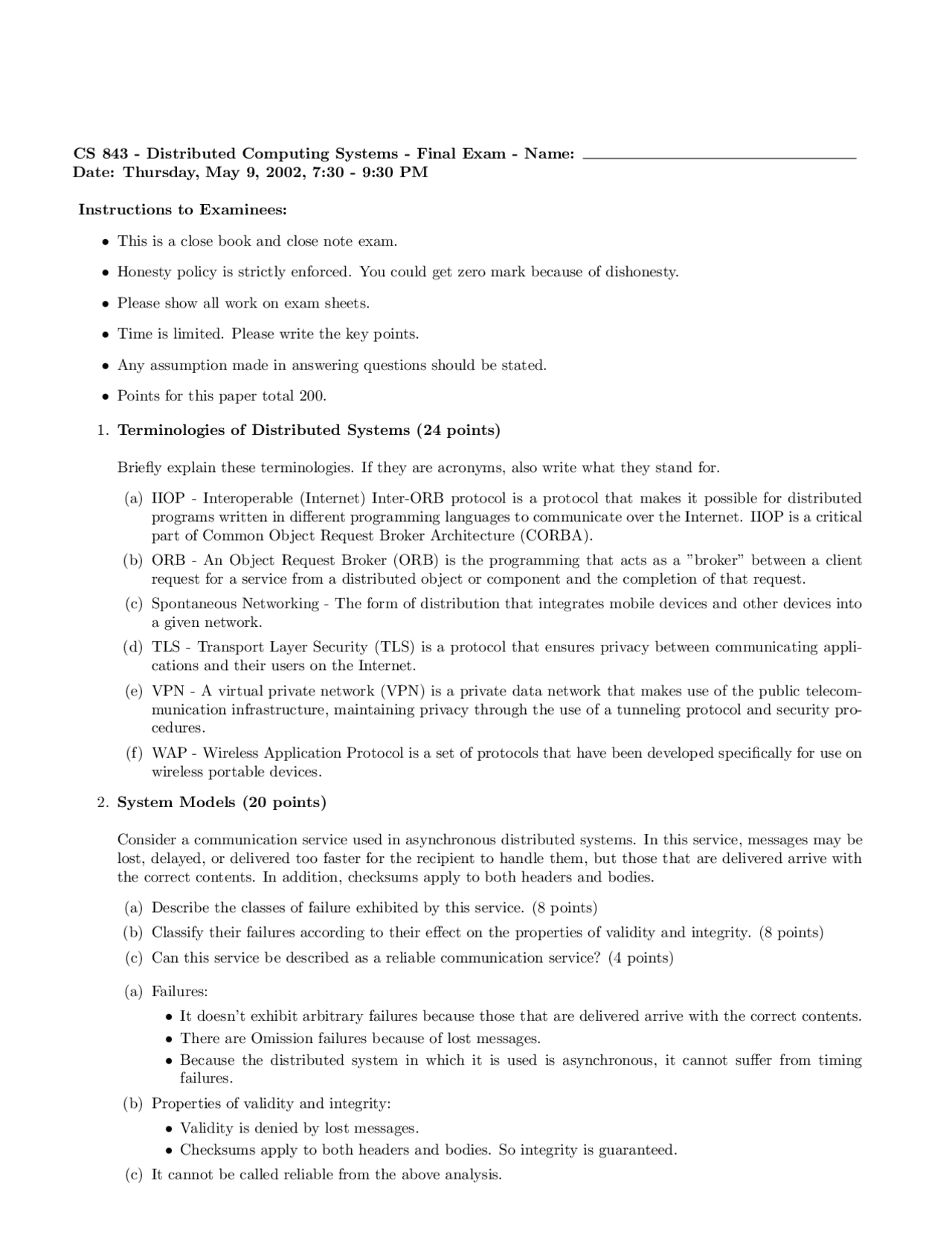 Final Exam Questions For Distributed Computing Systems Cs 843 Docsity