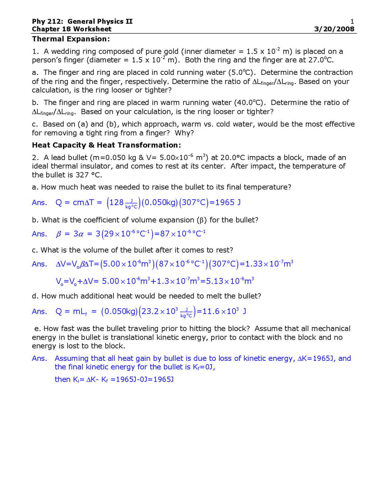 Thermal Expansion, Heat Capacity - Worksheet with Answers | PHY 212 ...