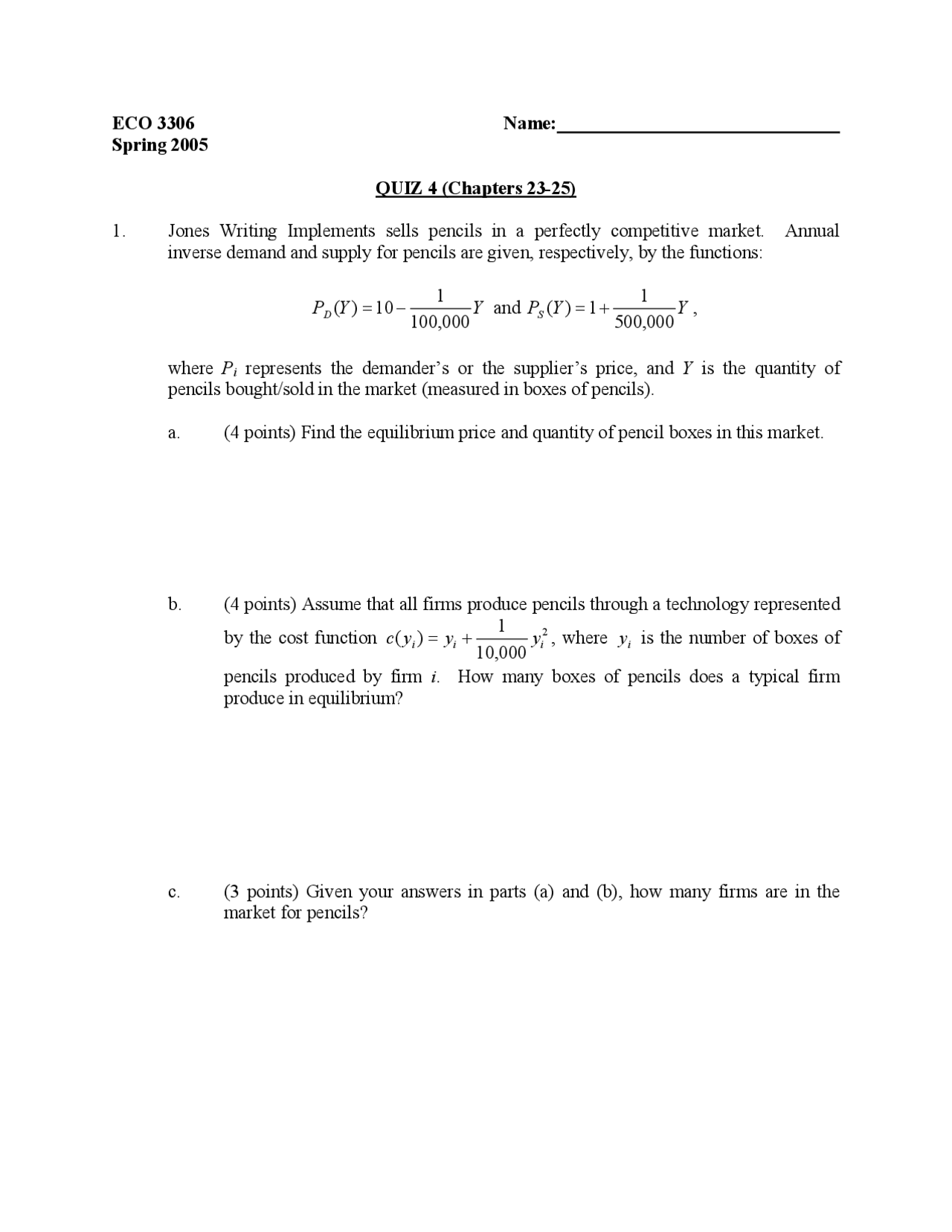 Quiz 4 Questions Intermediate Microeconomic Analysis Eco 3306 Docsity