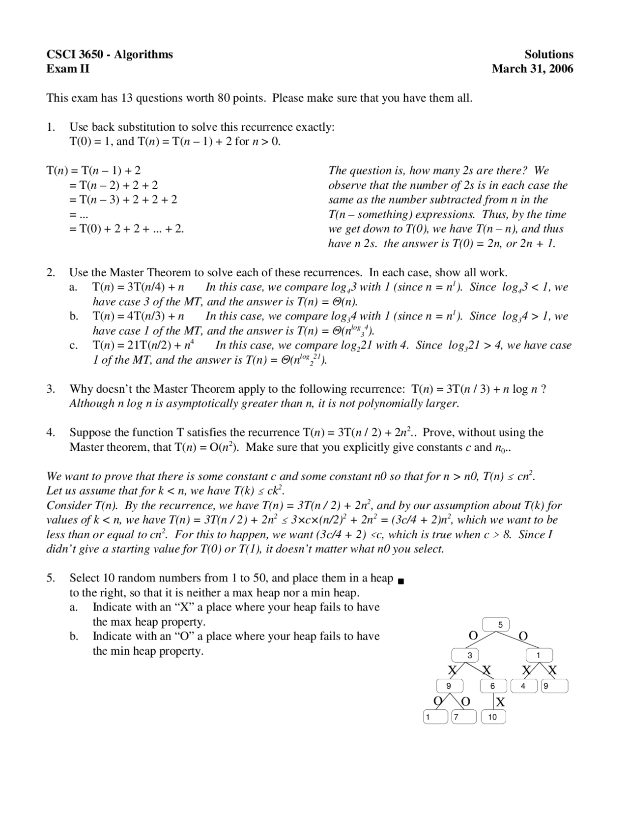 12 Questions For Exam Ii Analysis Of Algorithms Csci 3650 Docsity
