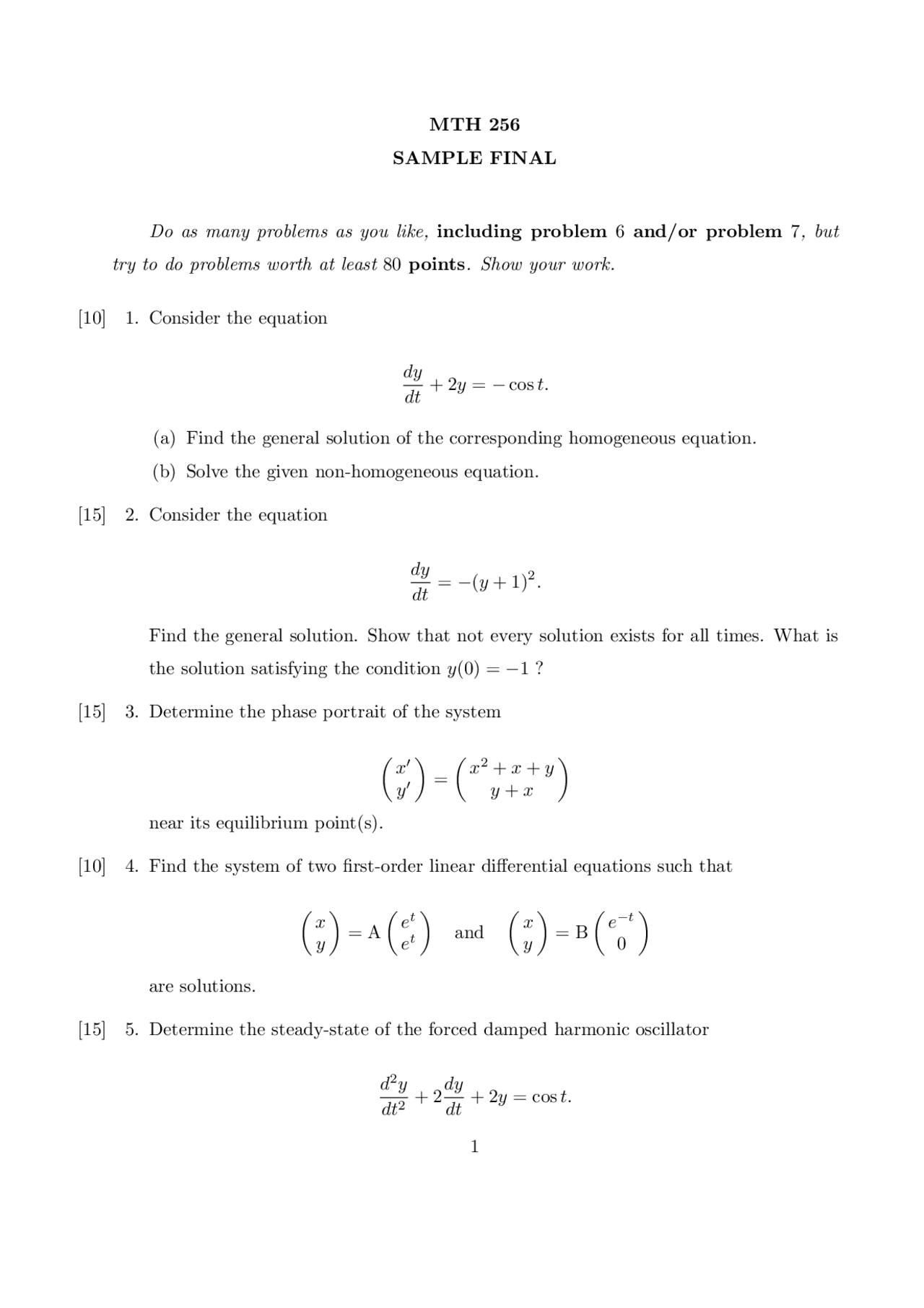 Sample Final Exam Questions Applied Differential Equations Mth 256