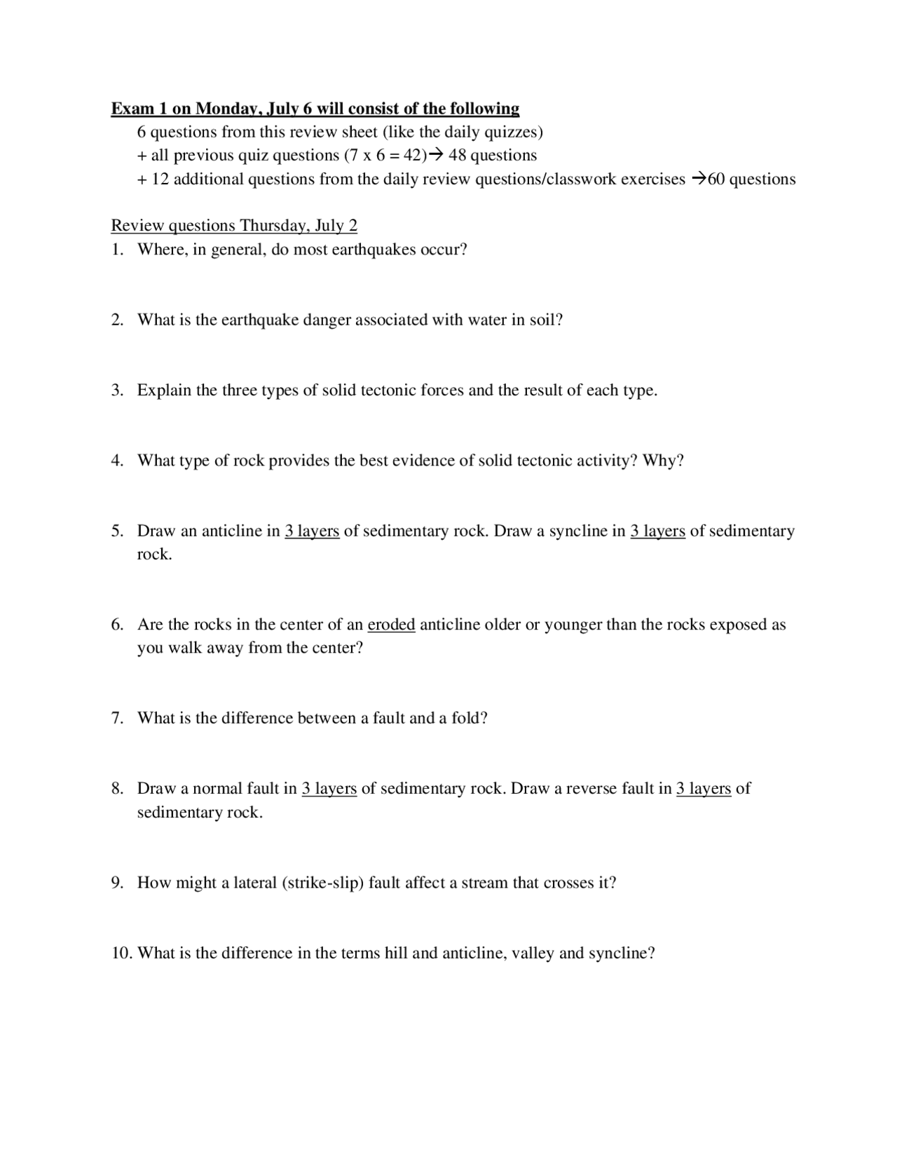 Review Questions For Exam 1 Landscape Processes Geo 102 Docsity