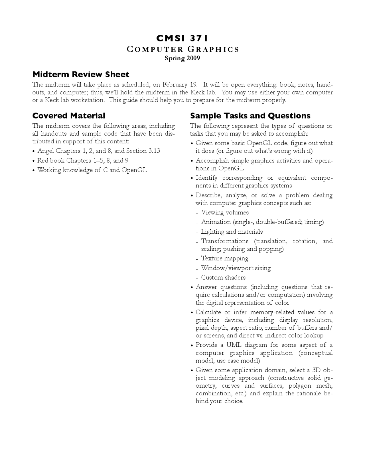 Midterm Review Sheet Computer Graphics Cmsi 371 Docsity
