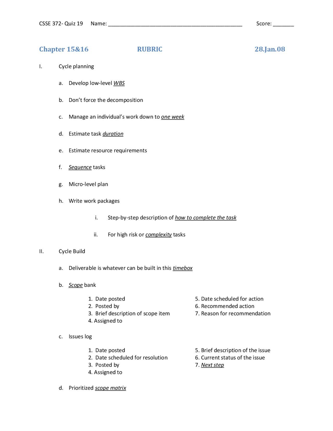 Rubric Quiz 19 With Solution For Fall 2008 Csse 372 Docsity