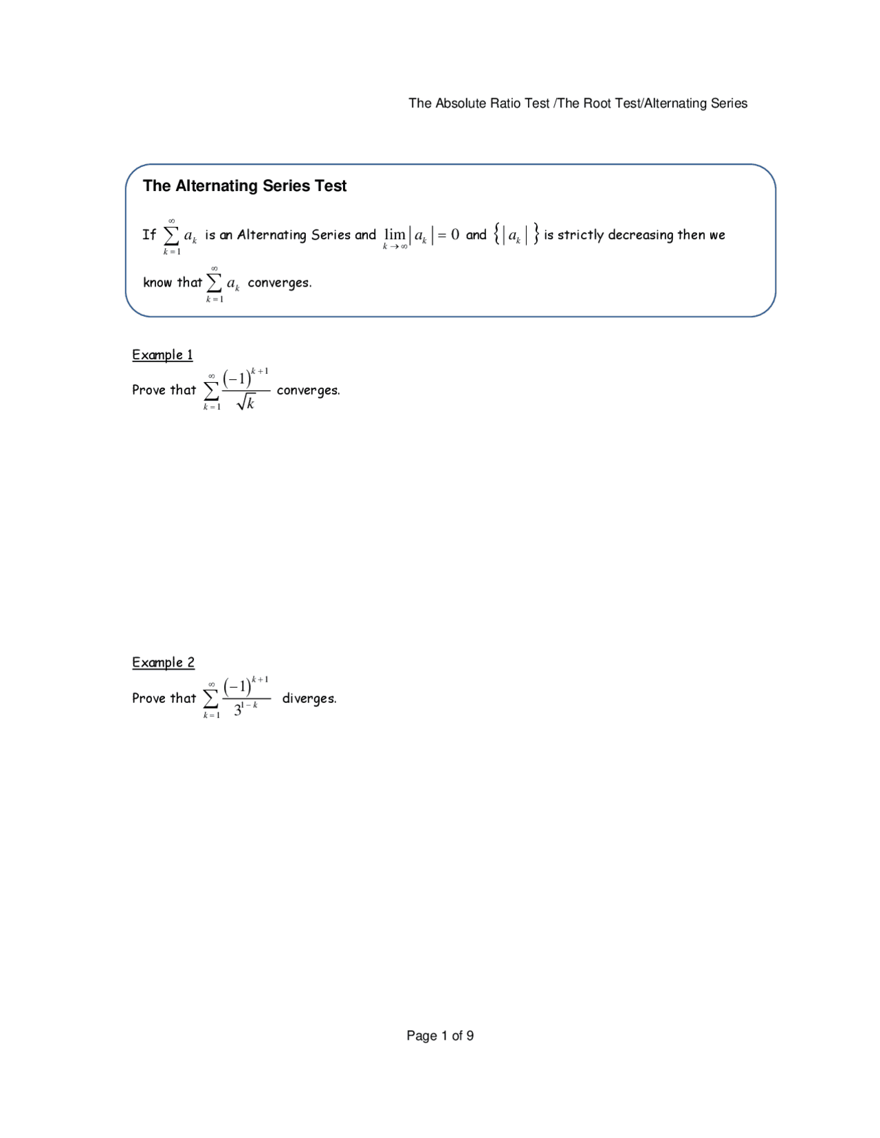 The Absolute Ratio Test/The Root Test/Alternating Series - Examples ...