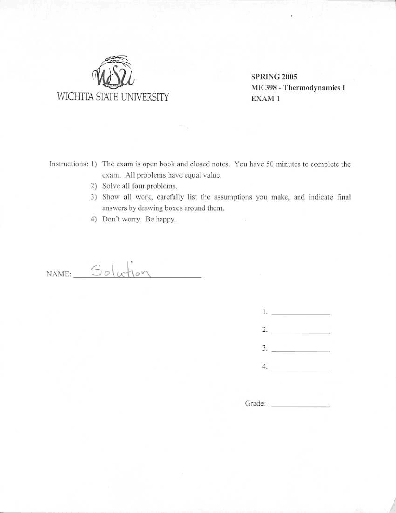 Thermodynamics I - Exam 1 Answer Key | ME 398 - Docsity