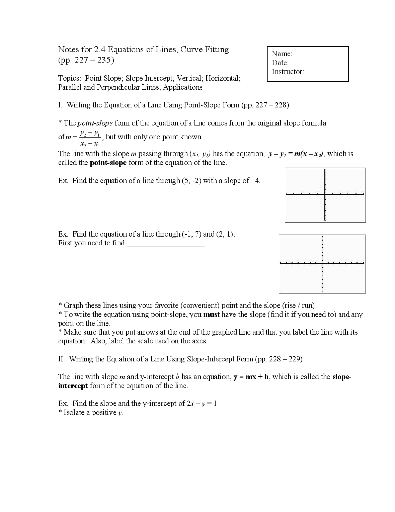 Notes on Equations of Lines, Curve Fitting | MATH 1130 - Docsity