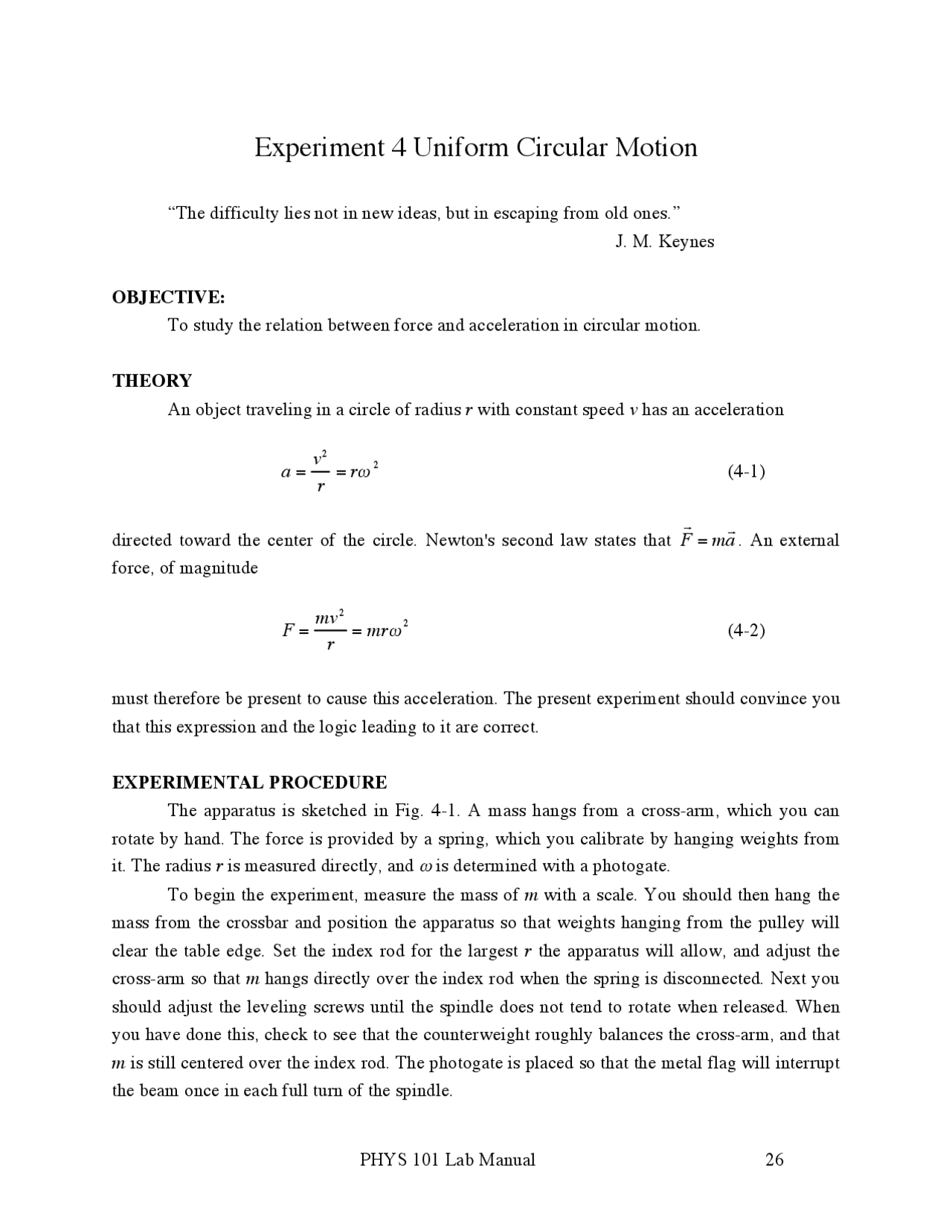 Experiment 4: Uniform Circular Motion - Mechanics | PHYS 101 - Docsity