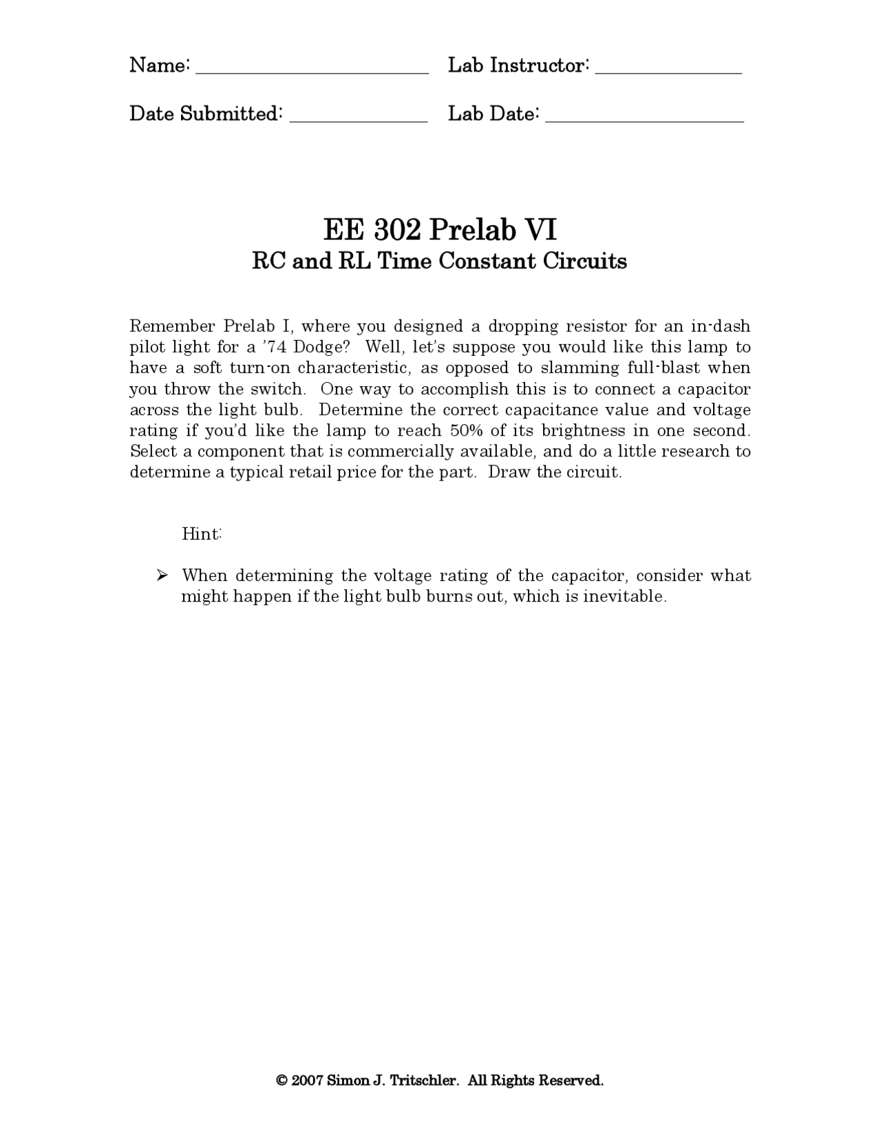 RC and RL Time Constant Circuits - Prelab VI | EE 302 - Docsity
