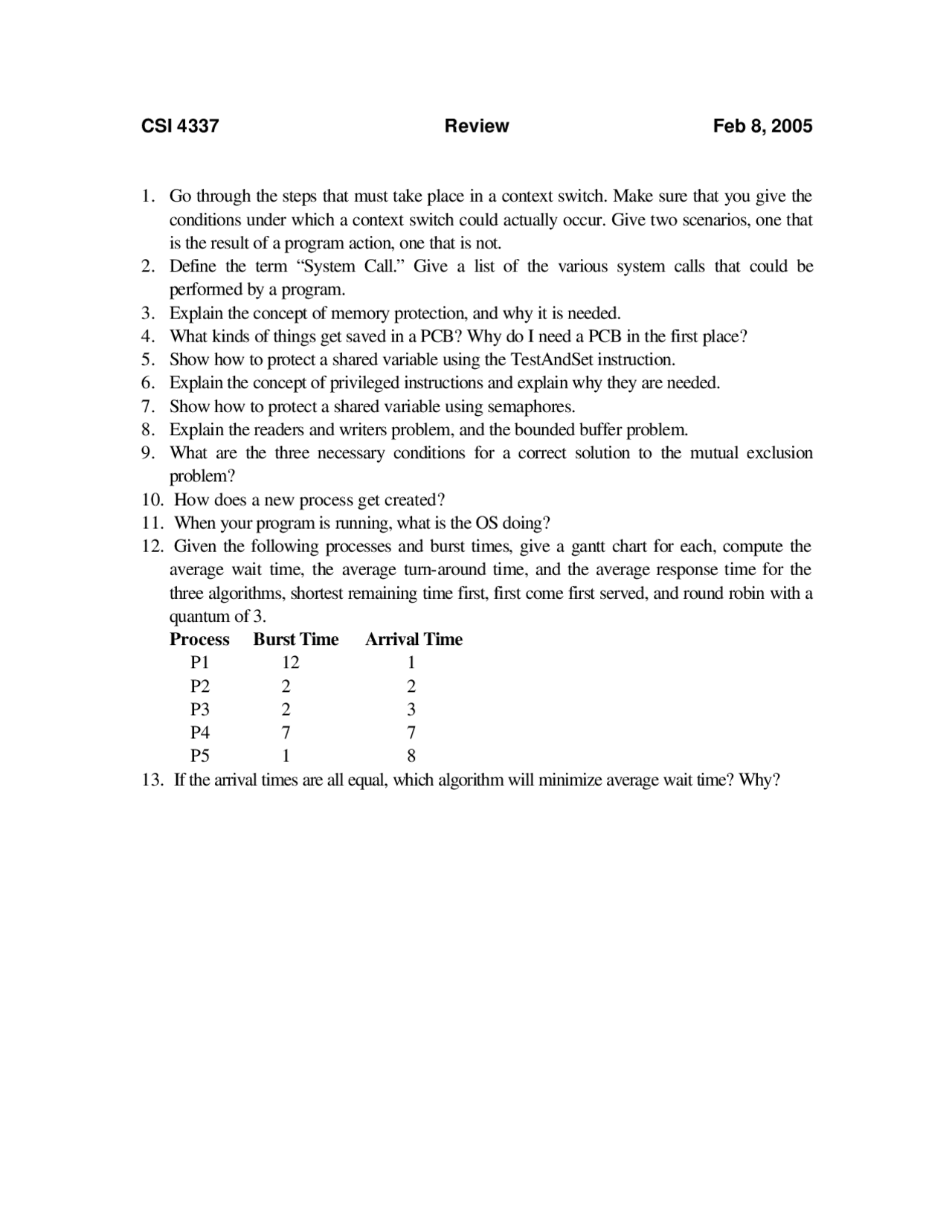 Review Sheet for Introduction to Operating Systems | CSI 4337 - Docsity
