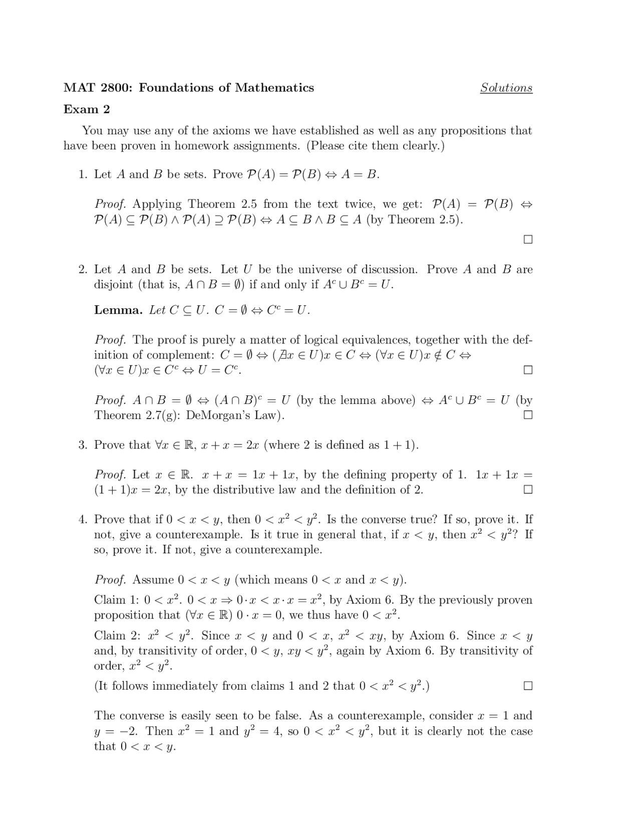Foundations Of Mathematics Exam 2 With Solutions Mat 2800 Docsity