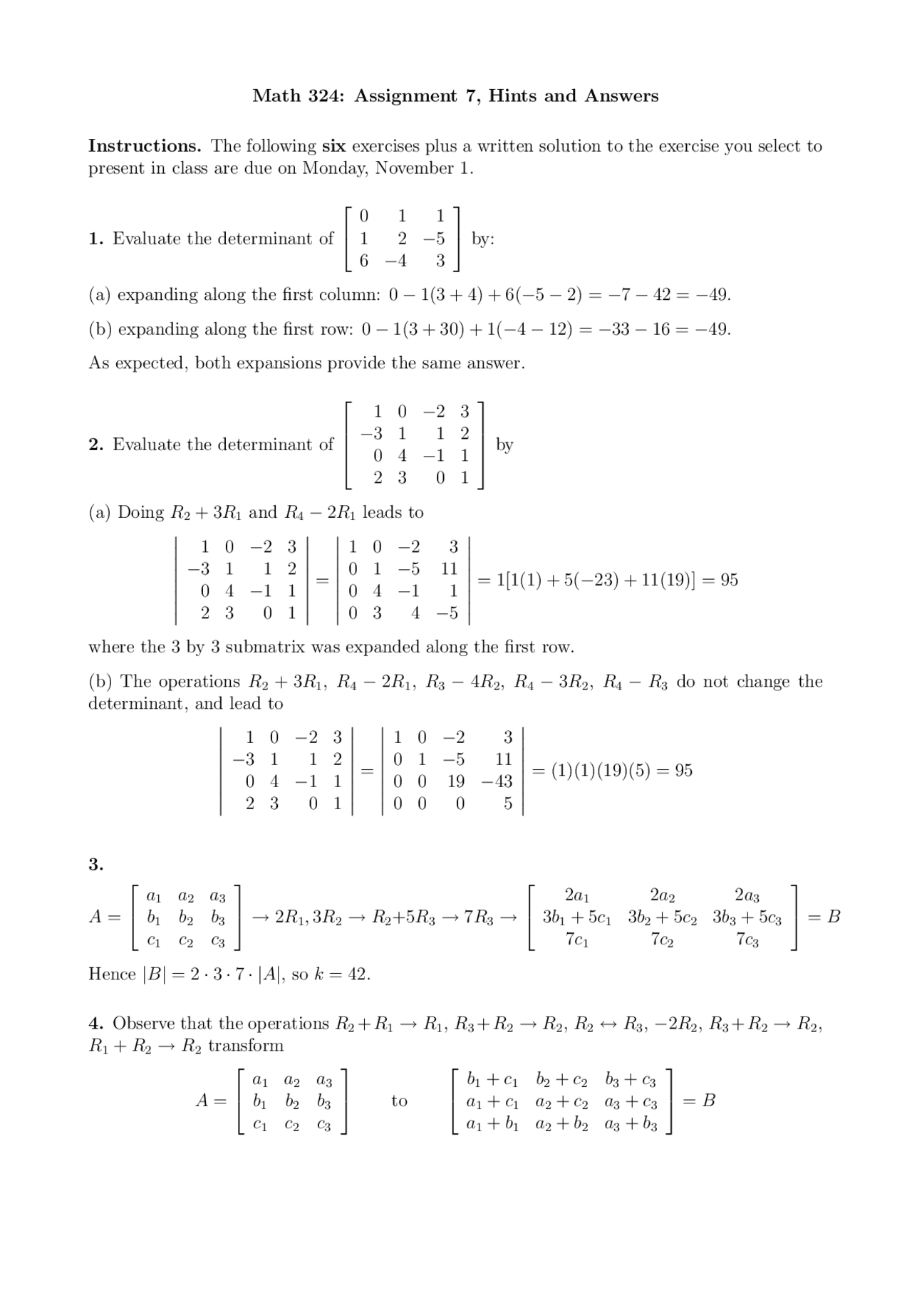 Linear Algebra Assignment Seven Solutions Math 324 Docsity