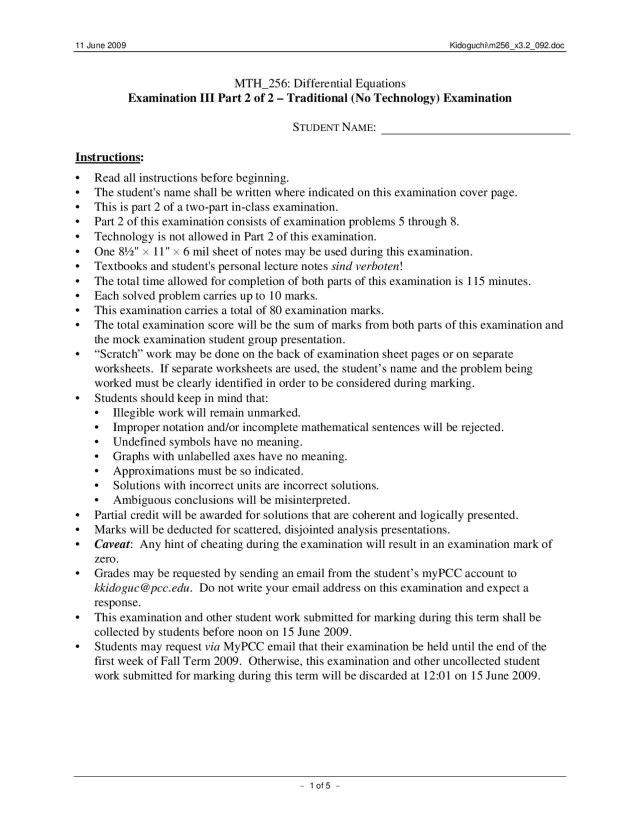 Exam 3 General Instructions Differential Equations Mth 256 Docsity