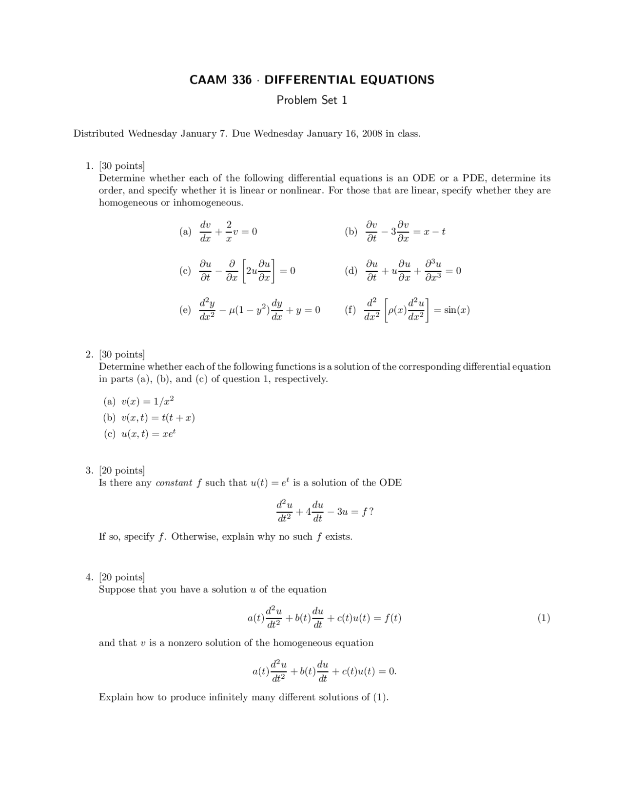 Differential Equations In Science And Engineering Assignment 1 Caam