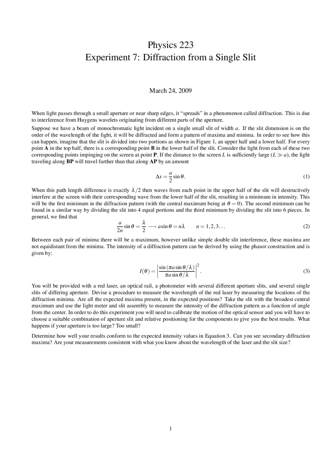 Diffraction from a Single Slit - Lab | PHYS 223 - Docsity