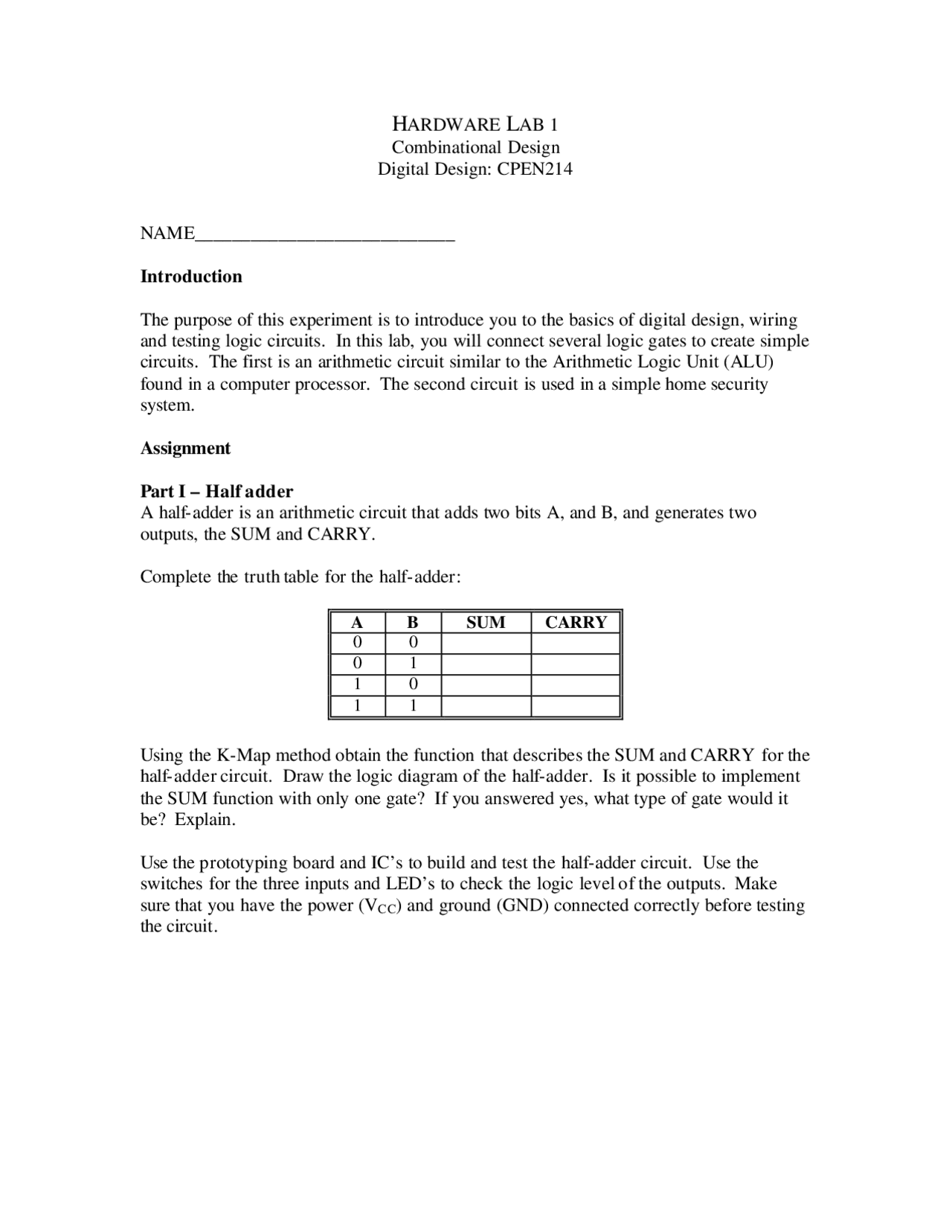 Hardware Lab 1 for Digital Logic Design | CPEN 214 - Docsity