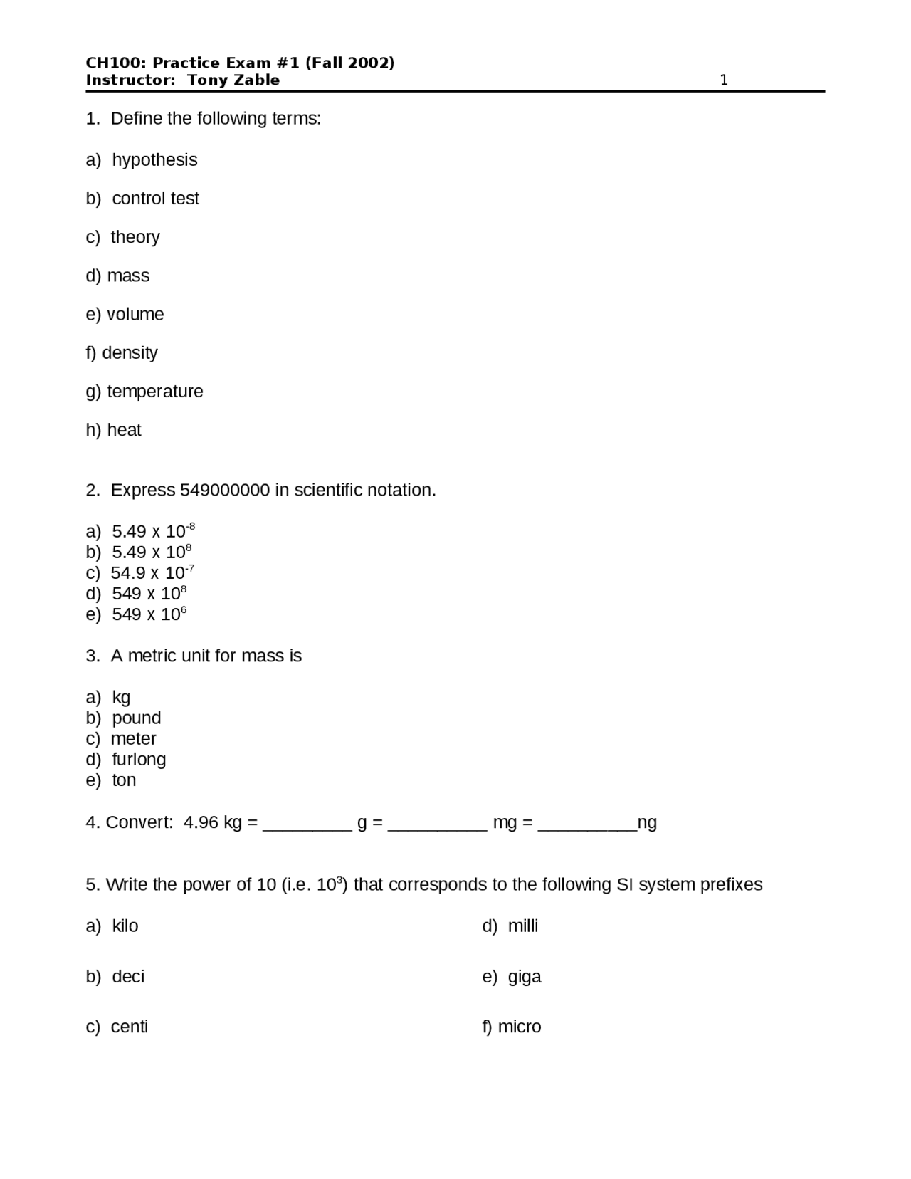20 Questions on Control Test and Theory - Final Exam | CH 100 - Docsity
