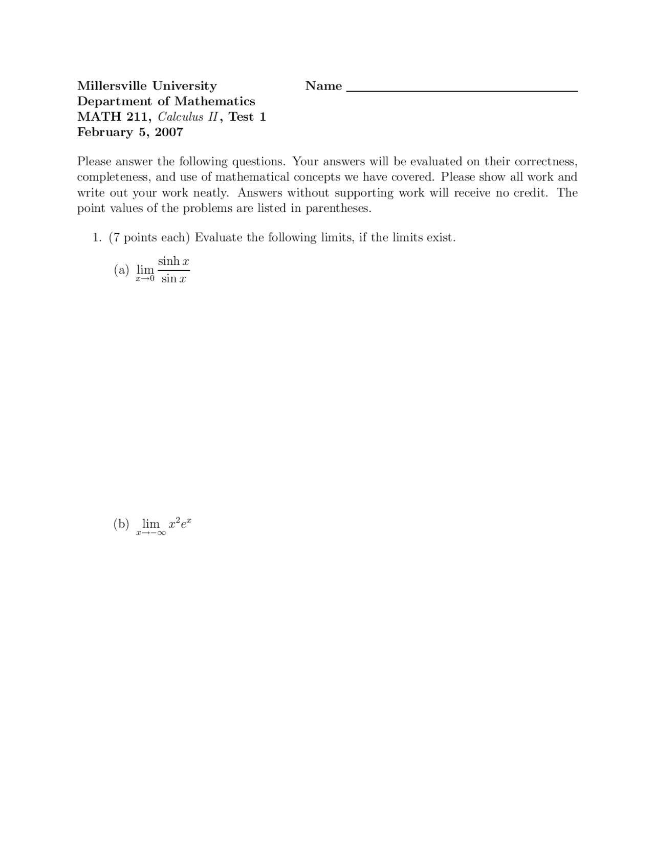 3 Sample Questions For Old Test 1 Calculus Ii Math 211 Docsity
