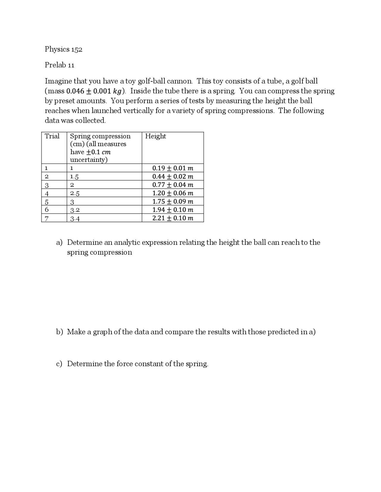 Prelab #11 - Introduction to Mechanics | PHYS 152 - Docsity