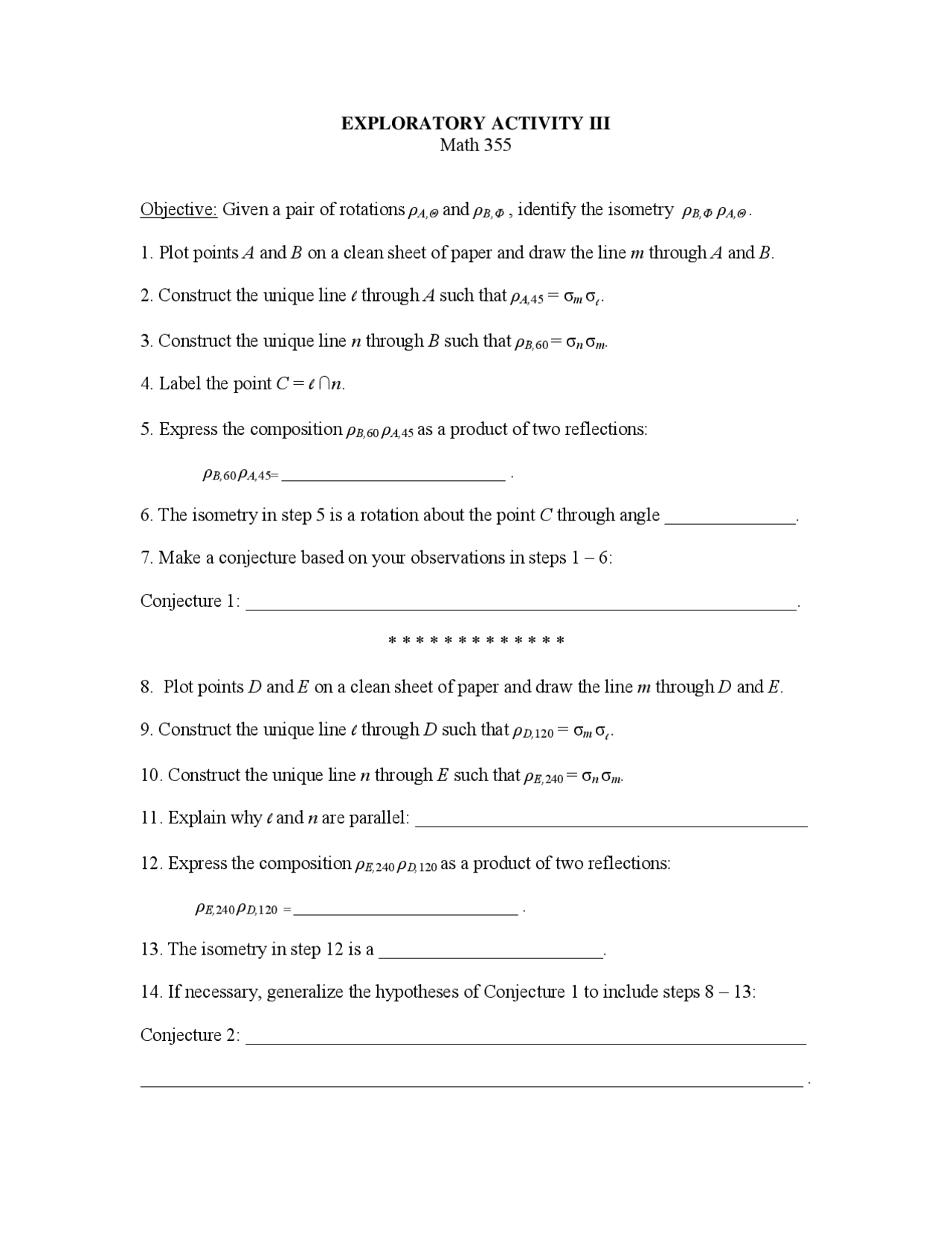 Exploratory Activity III - Transformational Geometry | MATH 355 - Docsity