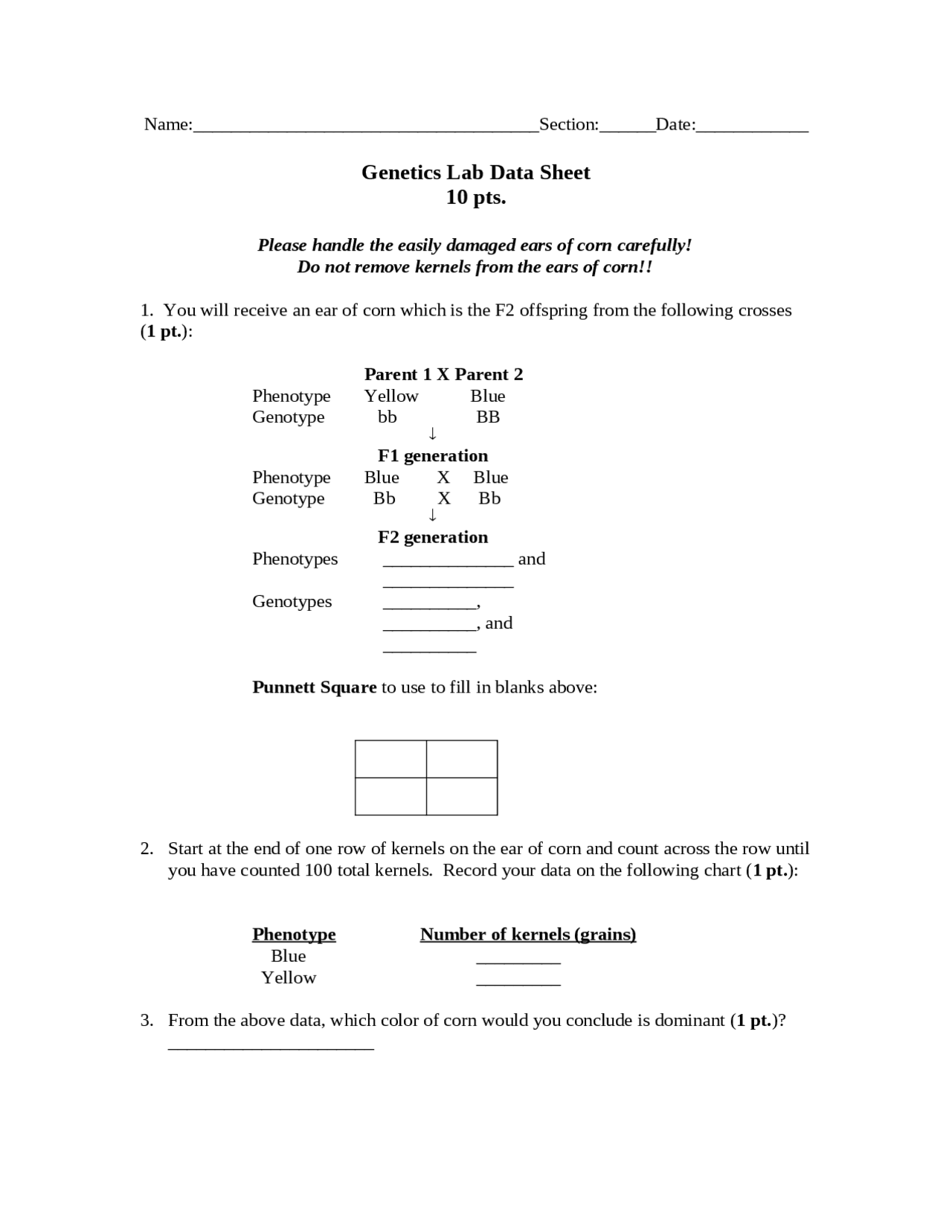 Genetics Lab Data Sheet General Biology Lab Bio 114c Docsity