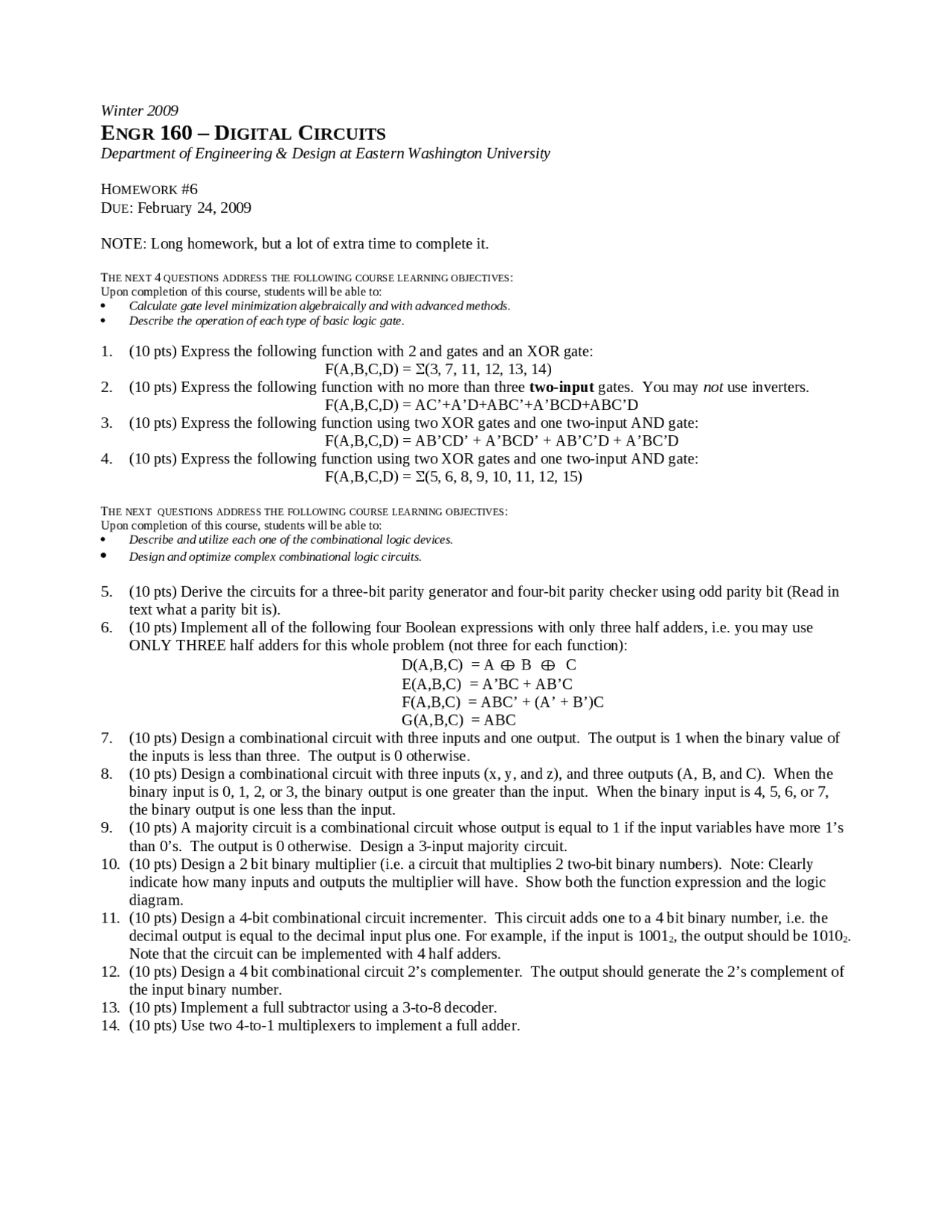 14 Practice Problems On Digital Circuits Homework 6 Engr 160 Docsity