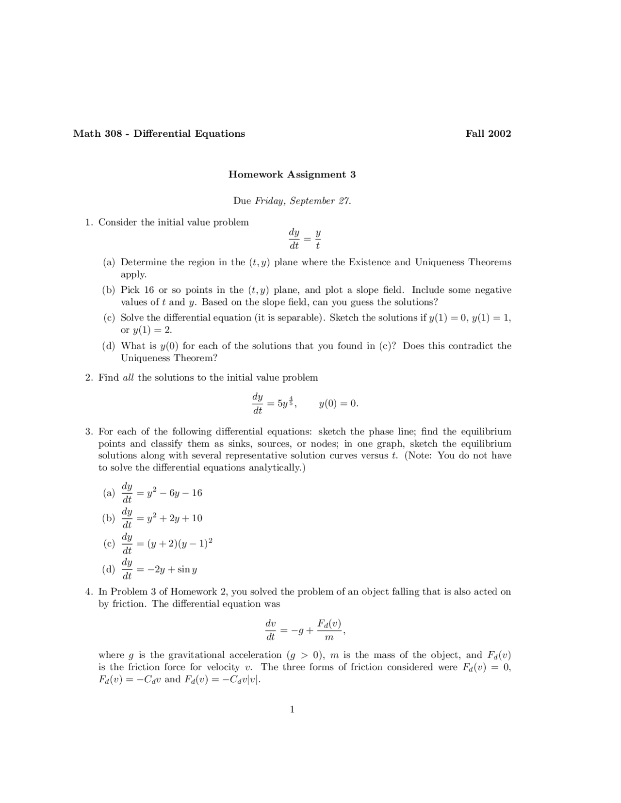 Assignment 3 Practice Problems Differential Equations Math 308