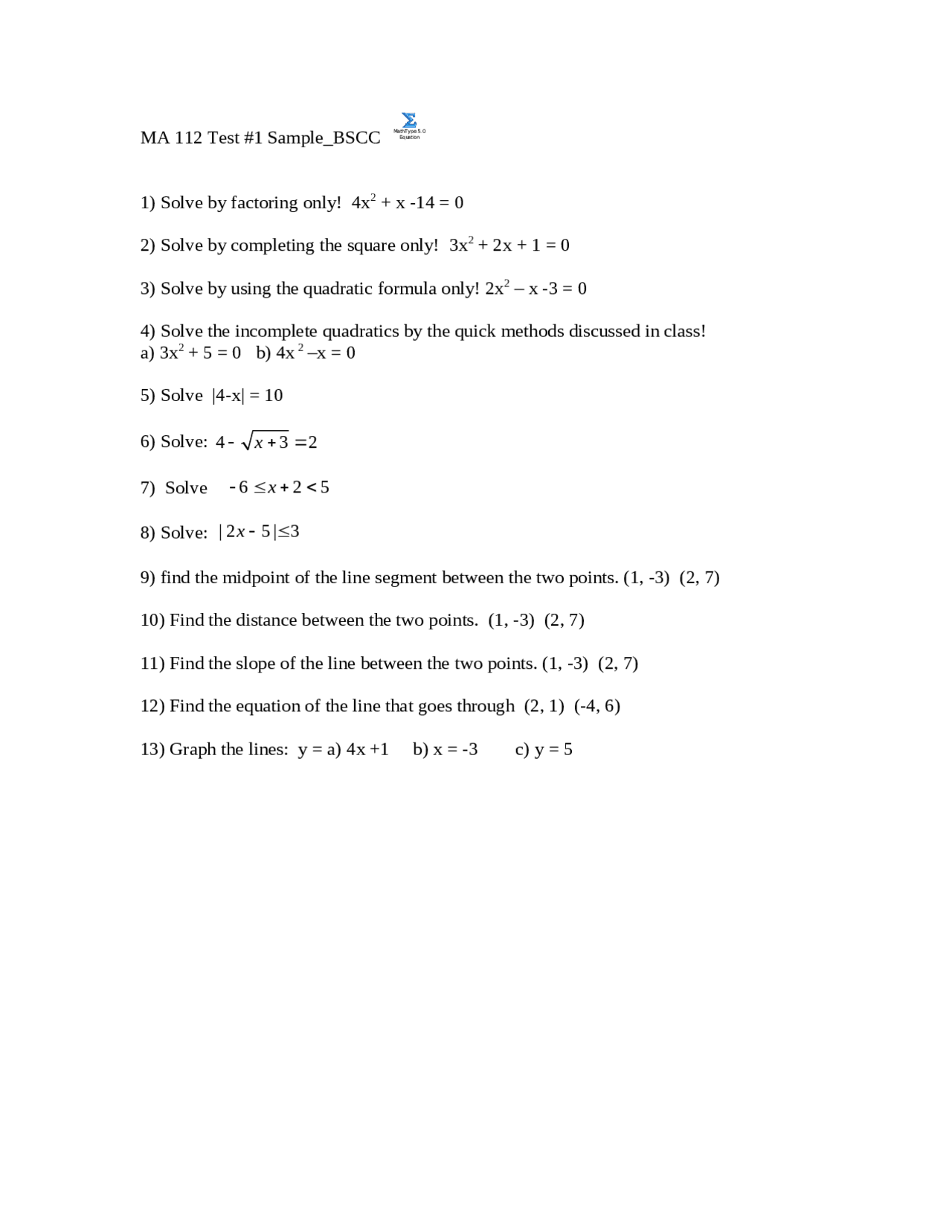 MA 112 Test #1 Sample - Quadratic Equations and Coordinate Geometry ...
