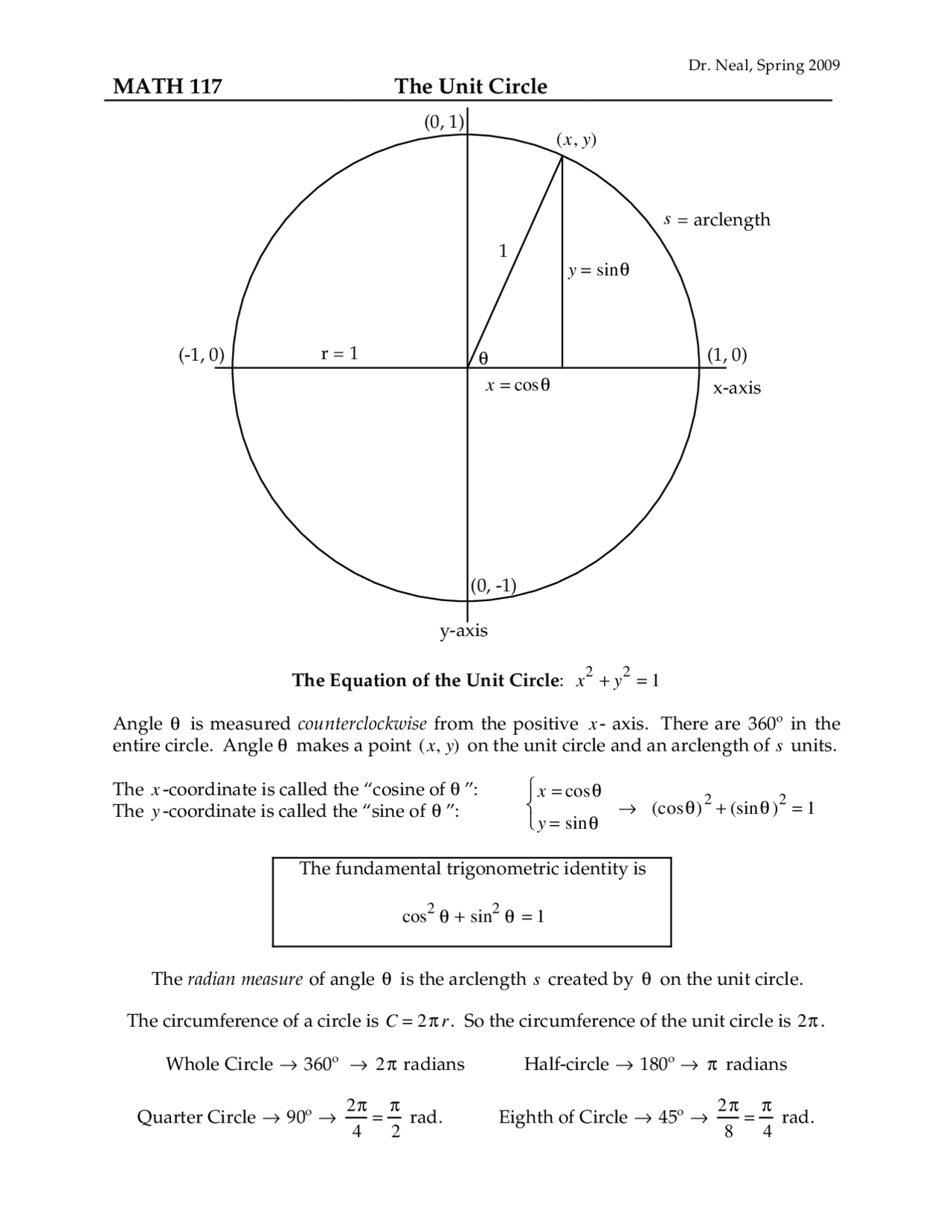 The Unit Circle - Lecture Notes | MATH 117 - Docsity