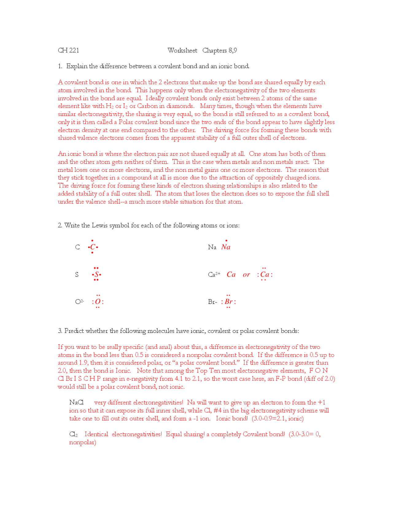 General Chemistry I Solved Questions Ch 221 Docsity