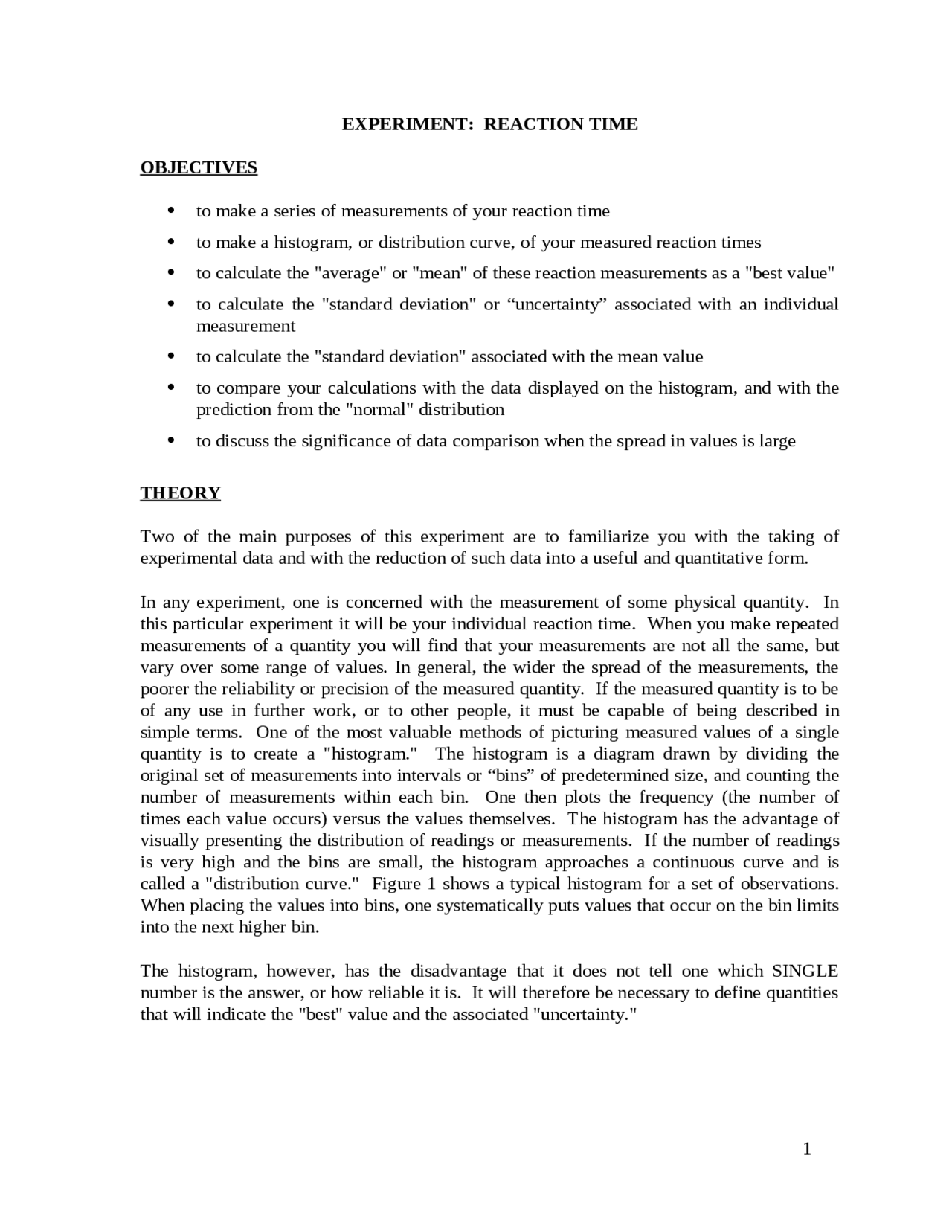 Experiment: Reaction Time - Introduction Physics Lab I | PHY 251 - Docsity