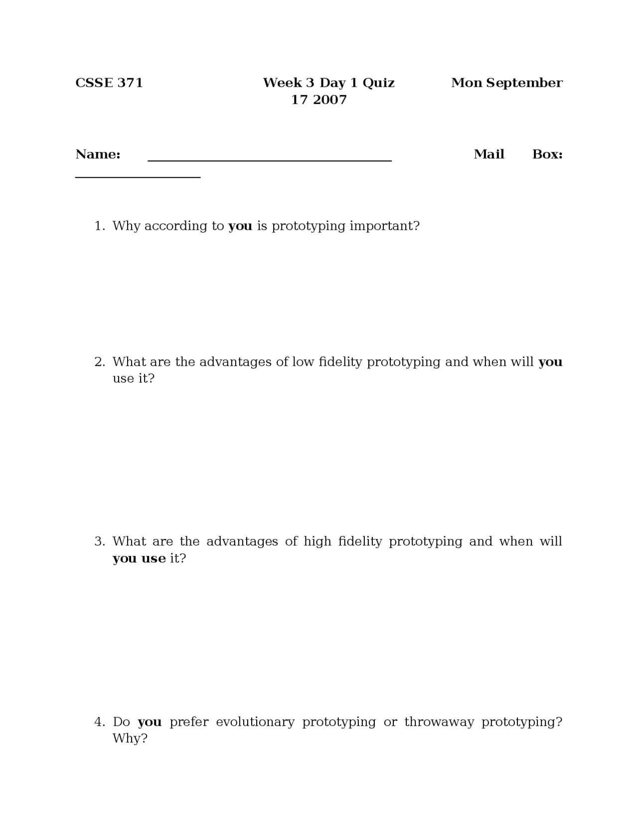 Software Requirements And Specification Quiz 1 Csse 371 Docsity