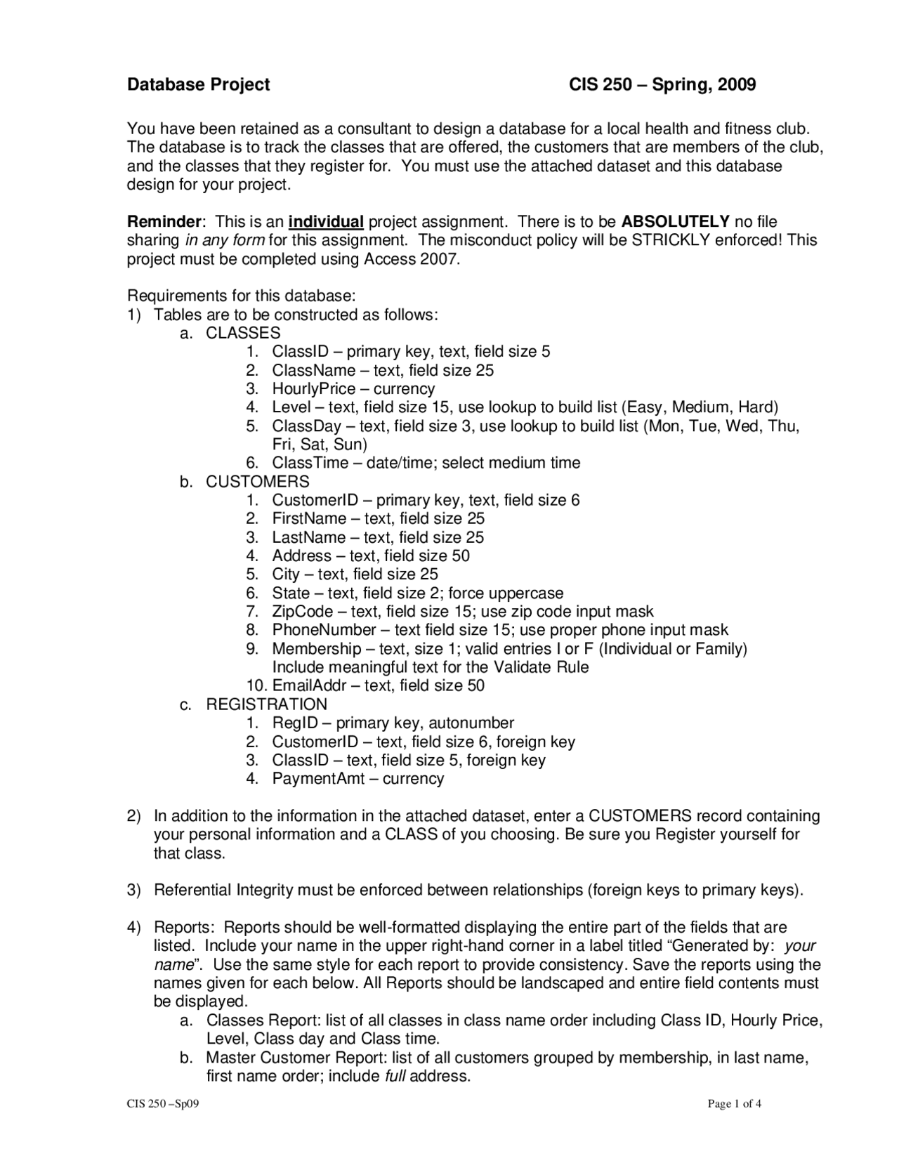 Database Project Advanced Computer Applications Cis 250 Docsity