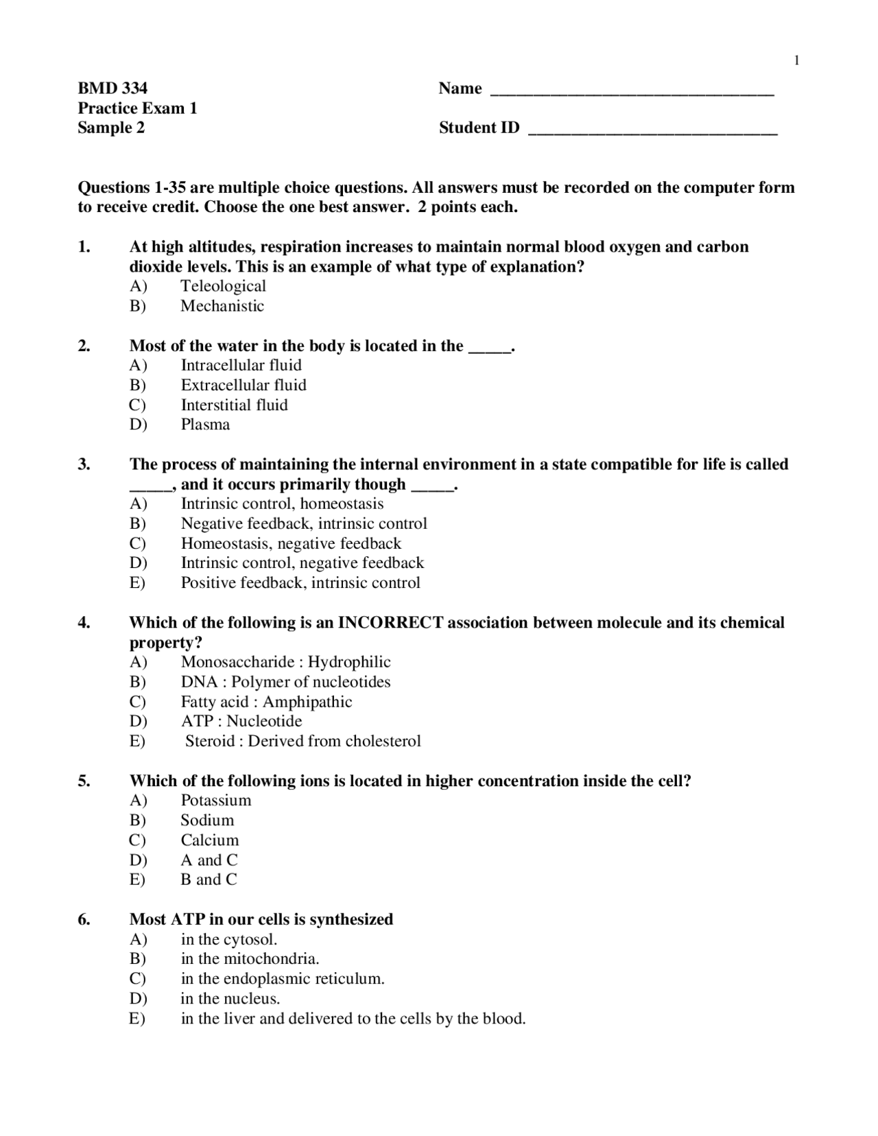 43 Multiple Choice Questions On Human Physiology I Sample Exam Bmd