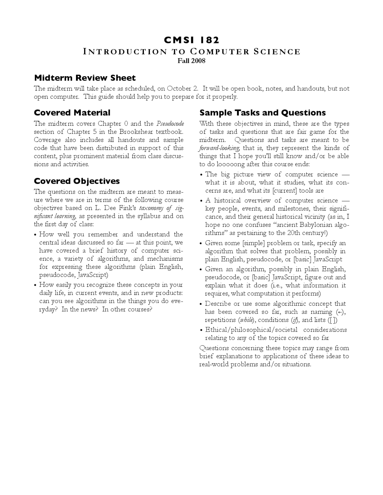 Midterm Review Sheet Introduction To Computer Science Cmsi 182