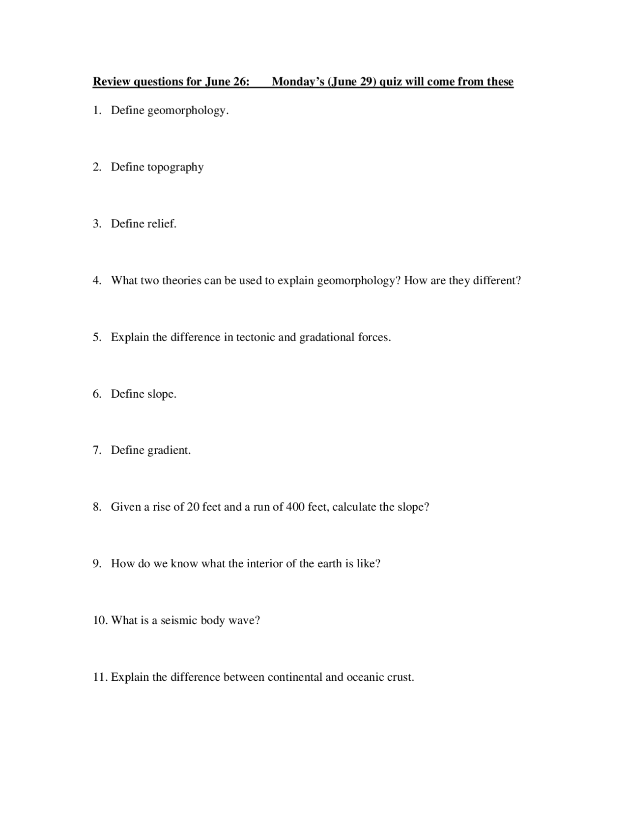 Review Questions For Landscape Processes Geo 102 Docsity