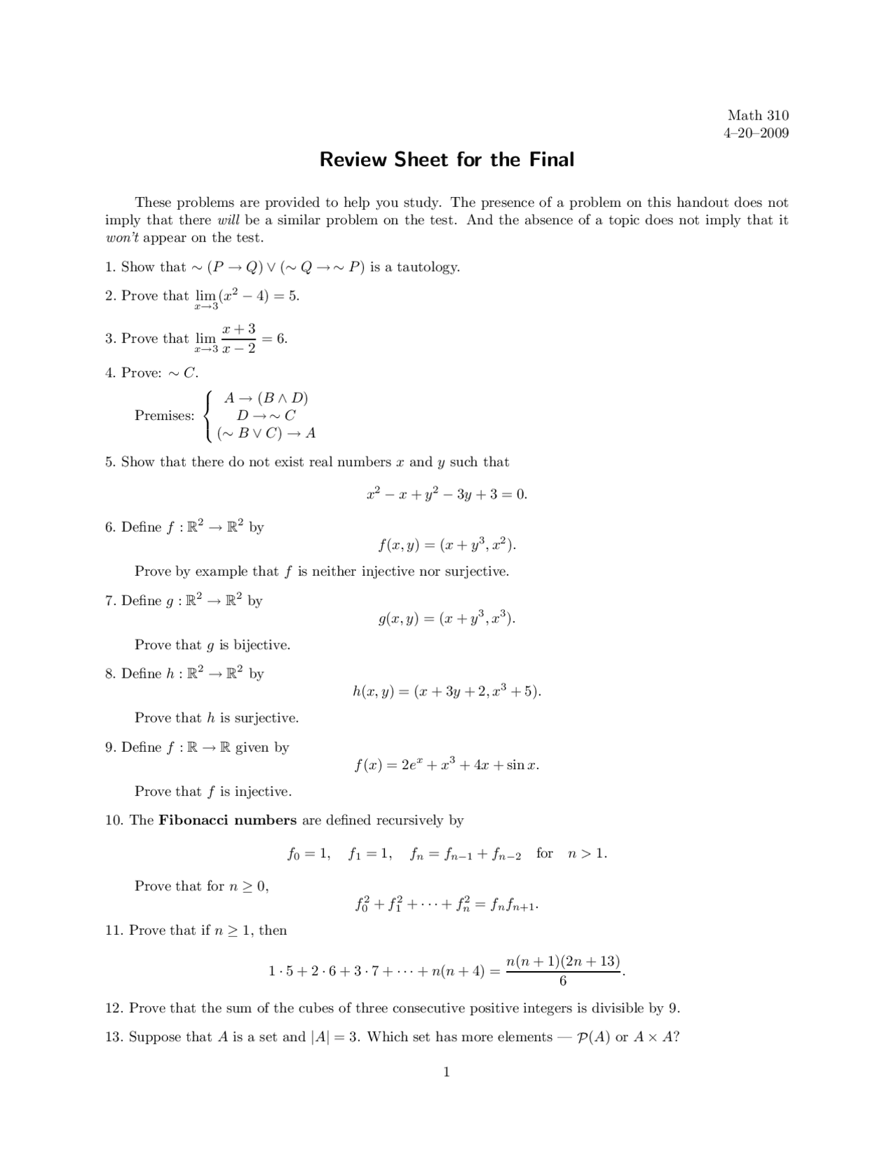 Review Sheet for Final Exam - Introduction to Mathematical Proof | MATH 310 - Docsity